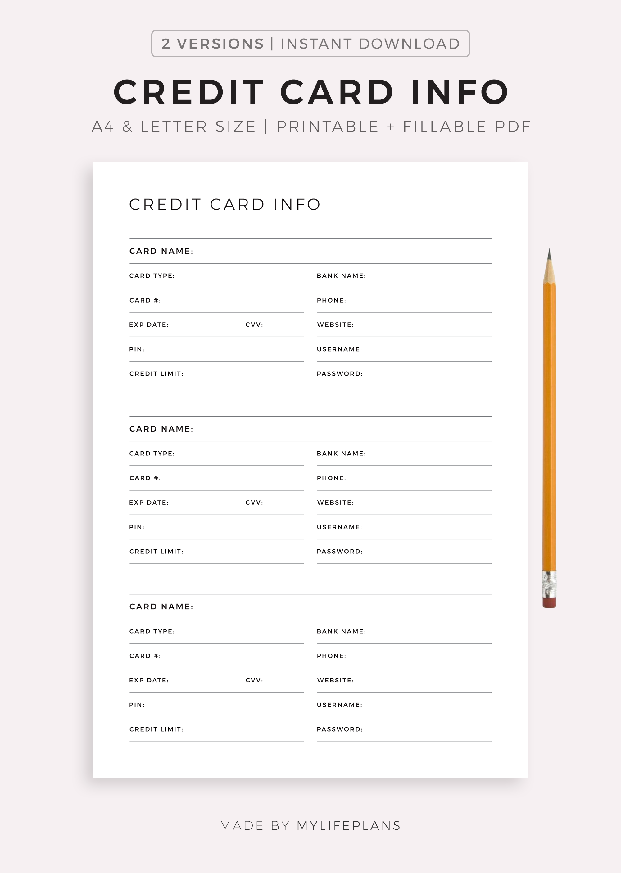 Credit Card Information Tracker, Printable & Fillable Template, A4 ...