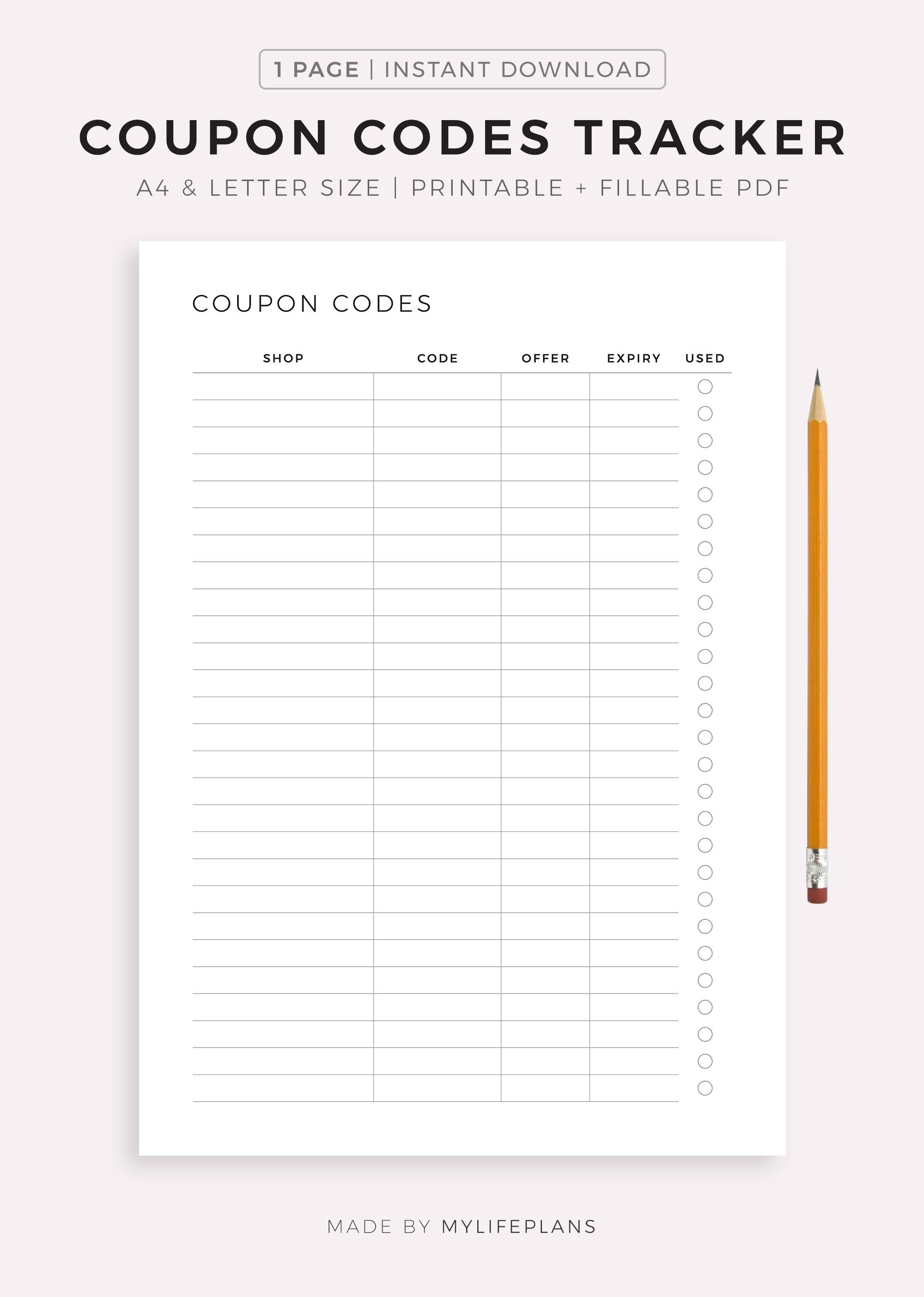 Coupon Codes Tracker Printable, Coupon Organizer, Shop Discount Code ...