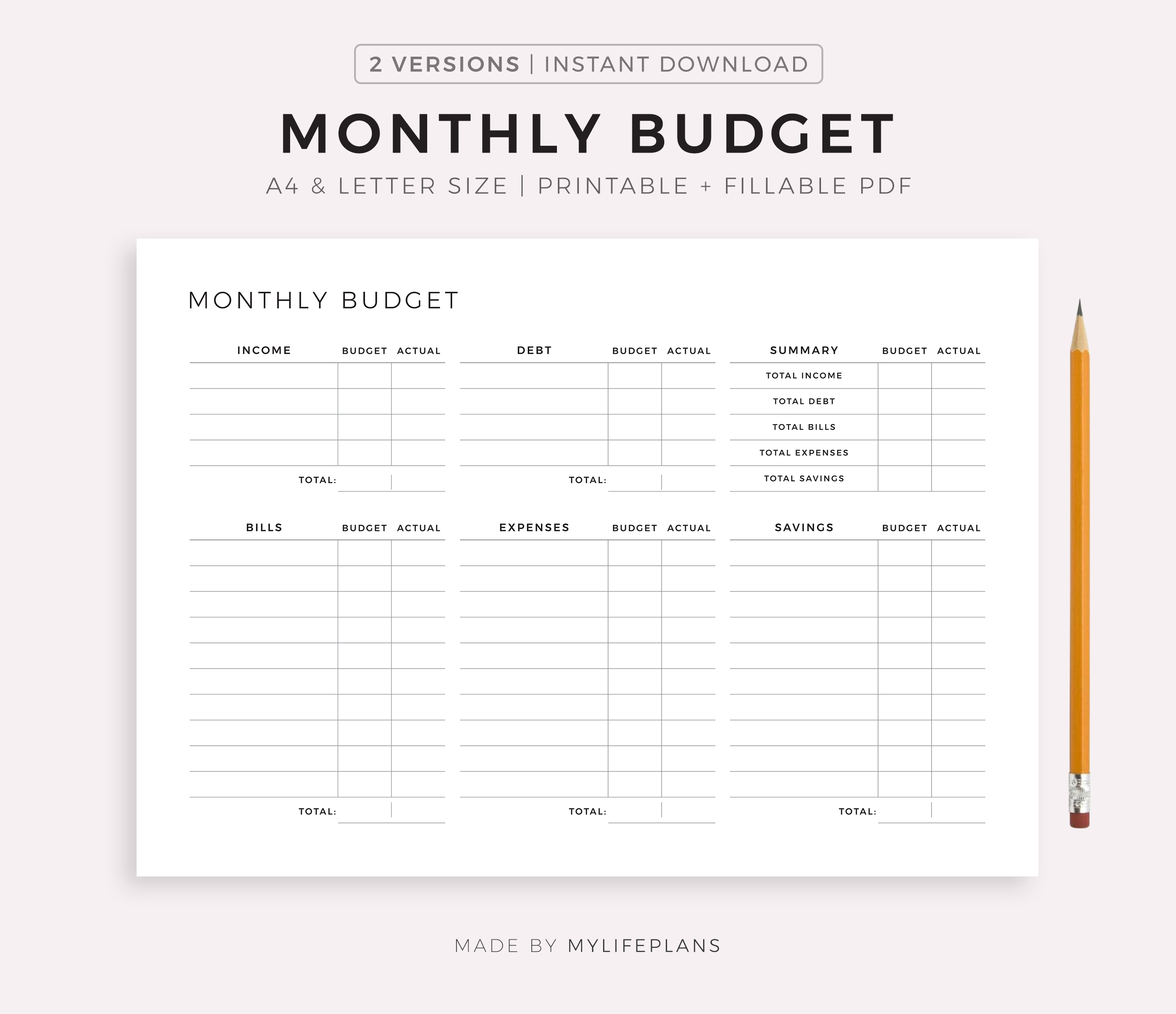 Monthly Budget Planner, Landscape, Printable & Fillable, A4/Letter Size ...
