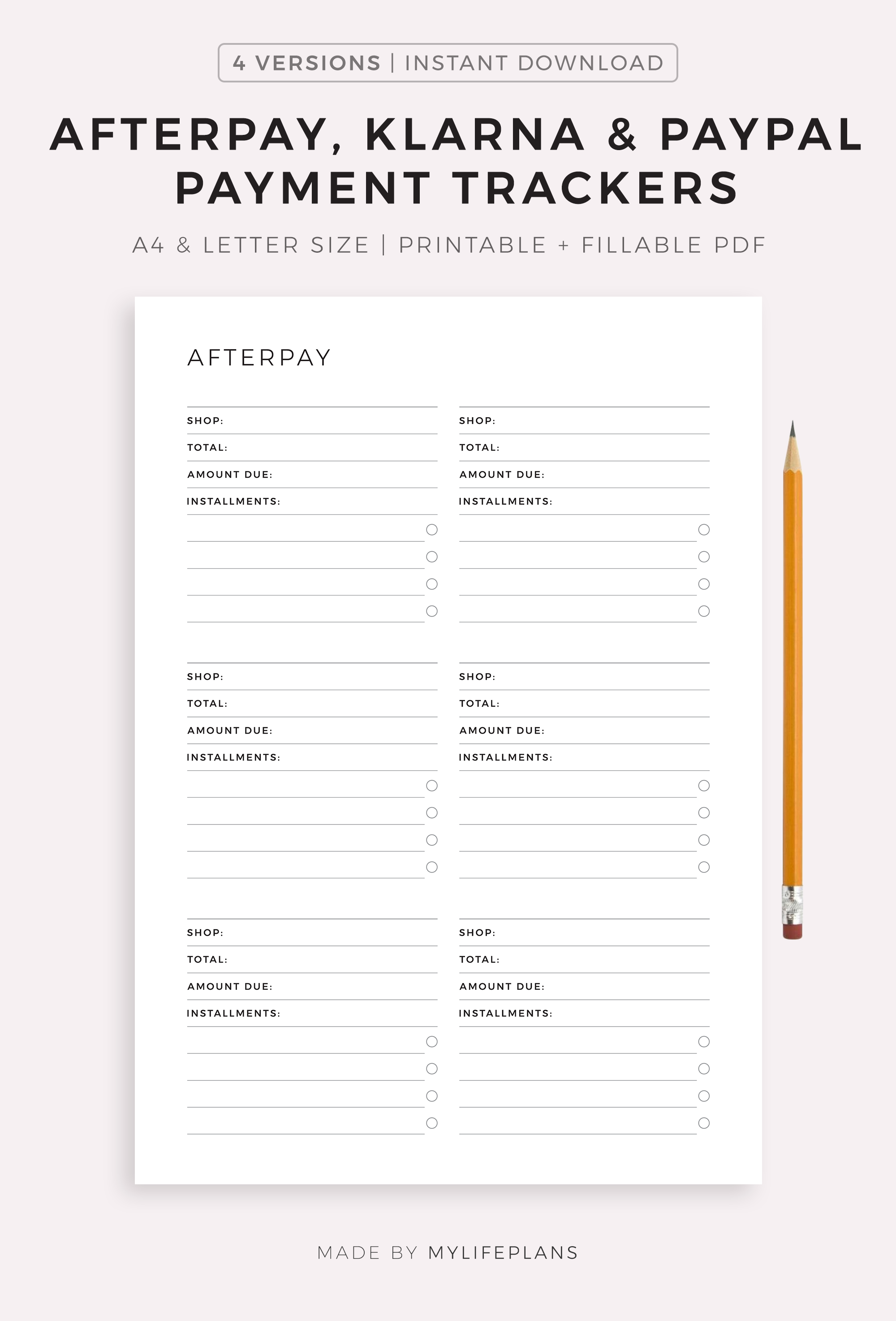 Afterpay, Klarna & Paypal Tracker, Printable & Fillable Template, A4 ...