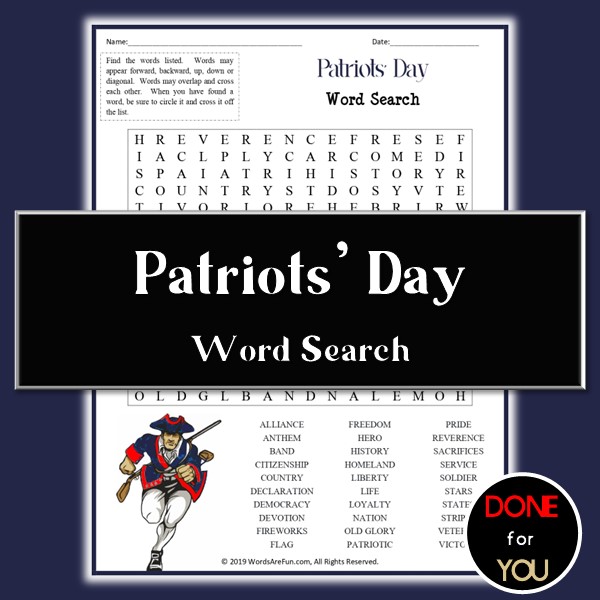 Patriots' Day Word Search Puzzle | Printable Holiday Activity for Kids ...