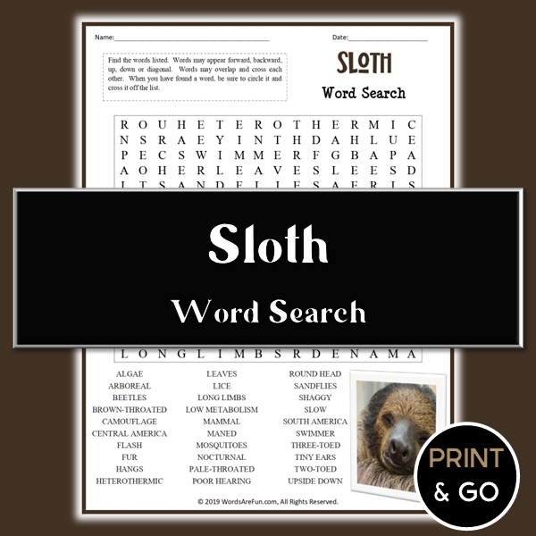 Sloth Word Search Puzzle PDF | Fun Animal Activity for Kids, Classroom ...