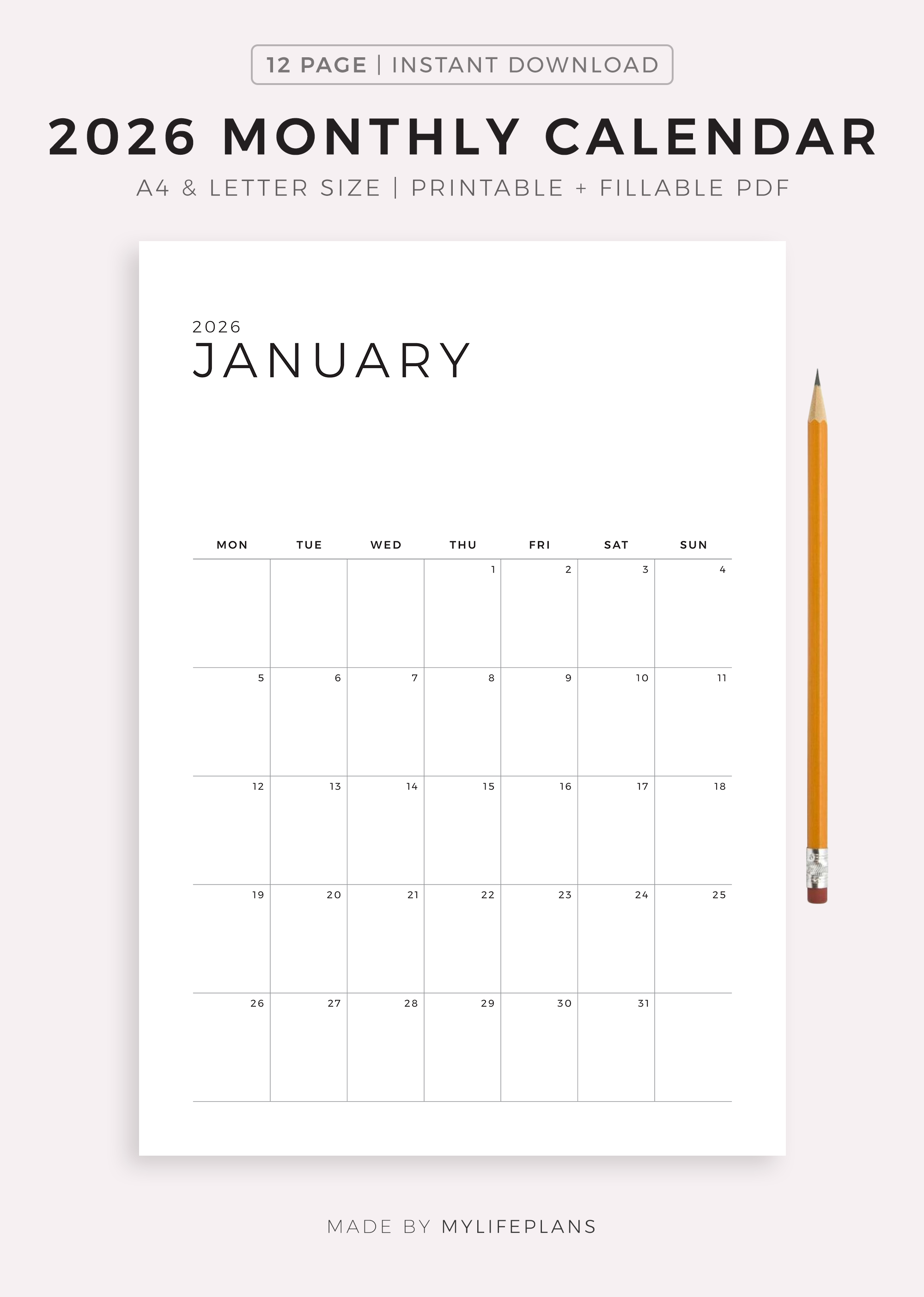 2026 Monthly Calendar Printable & Fillable, A4/Letter Size - Payhip