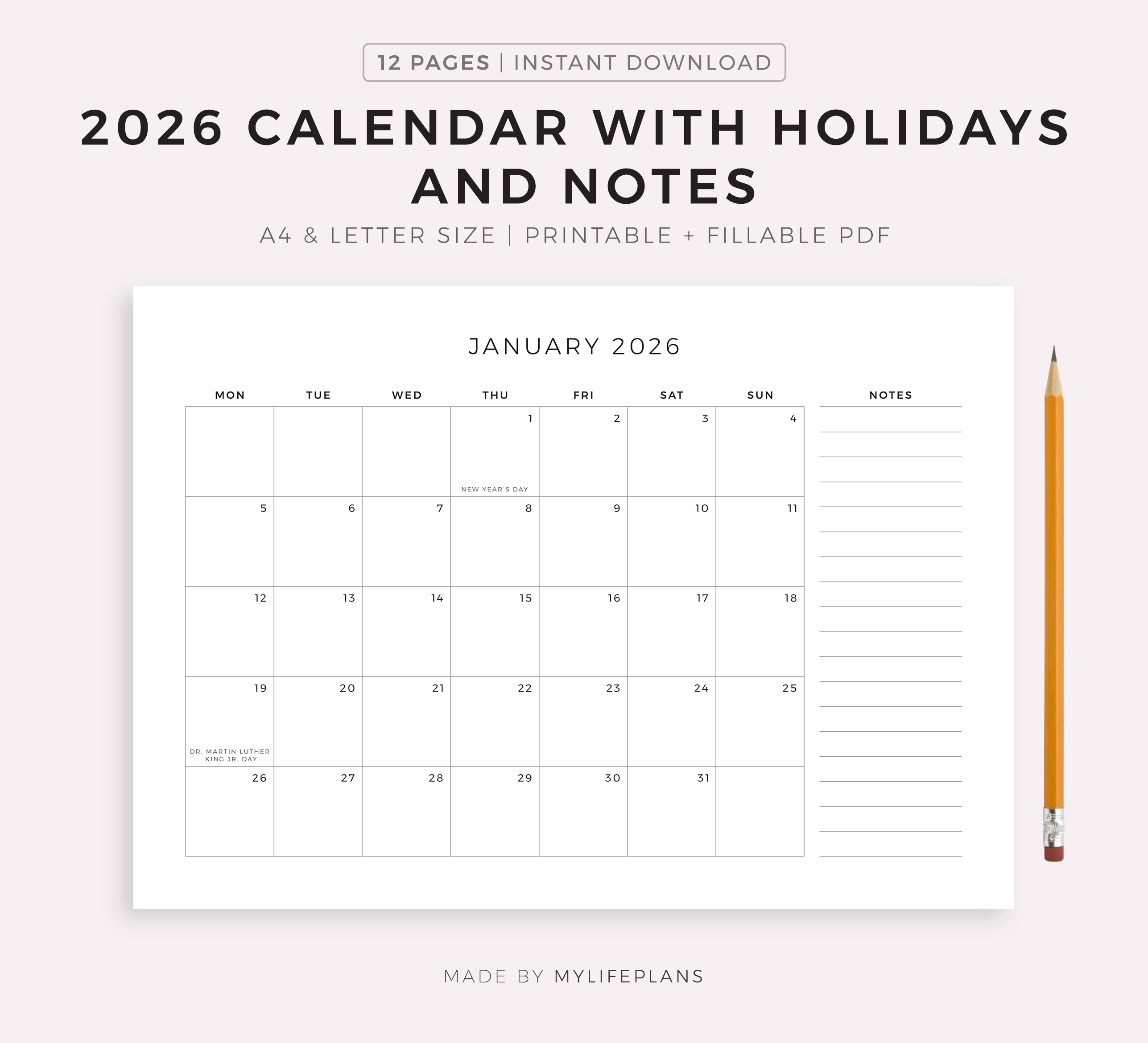 2026 Monthly Calendar with Holidays & Notes, Landscape, Printable ...
