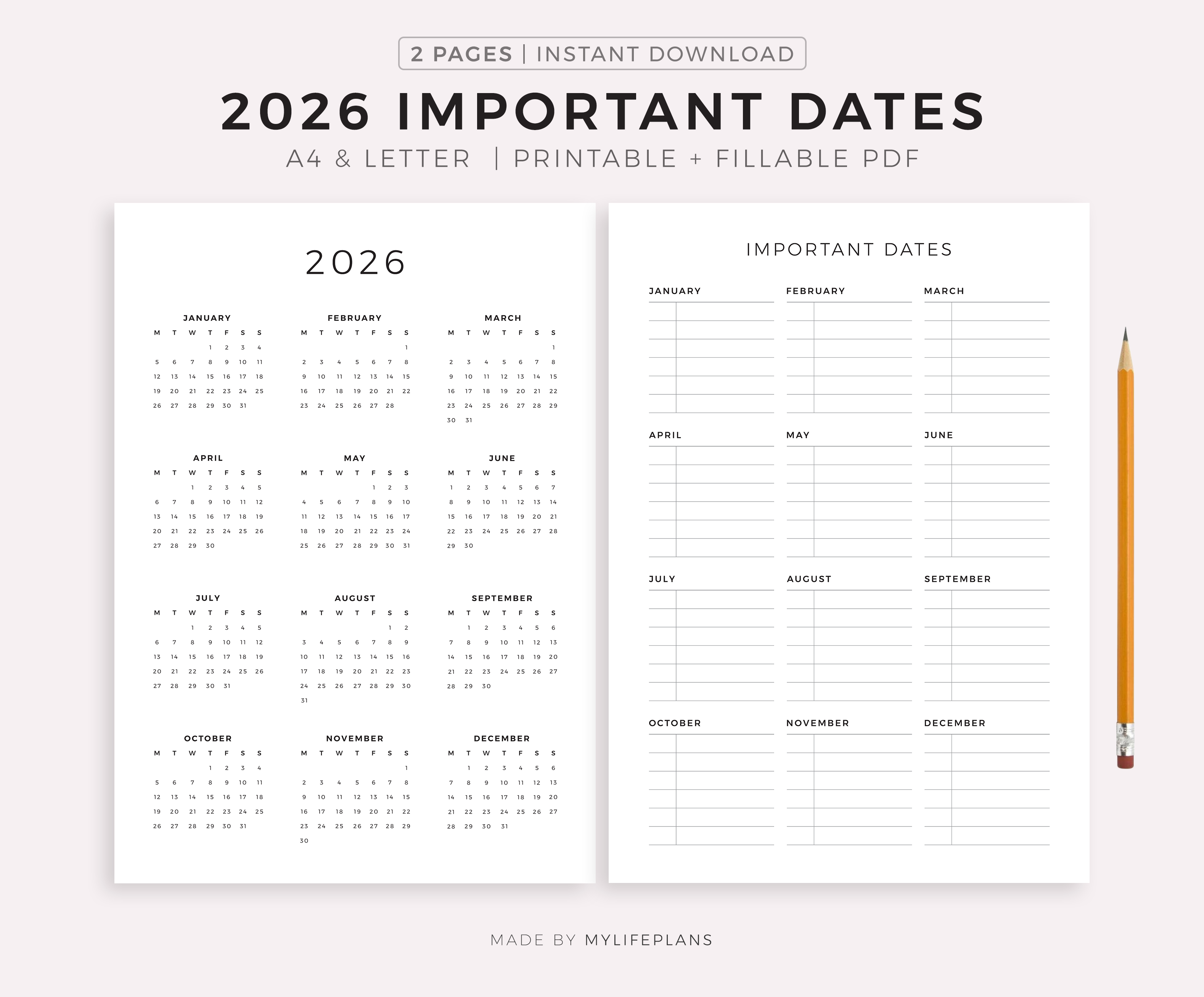 2026 Calendar and Important Dates Page Printable - Birthdays ...