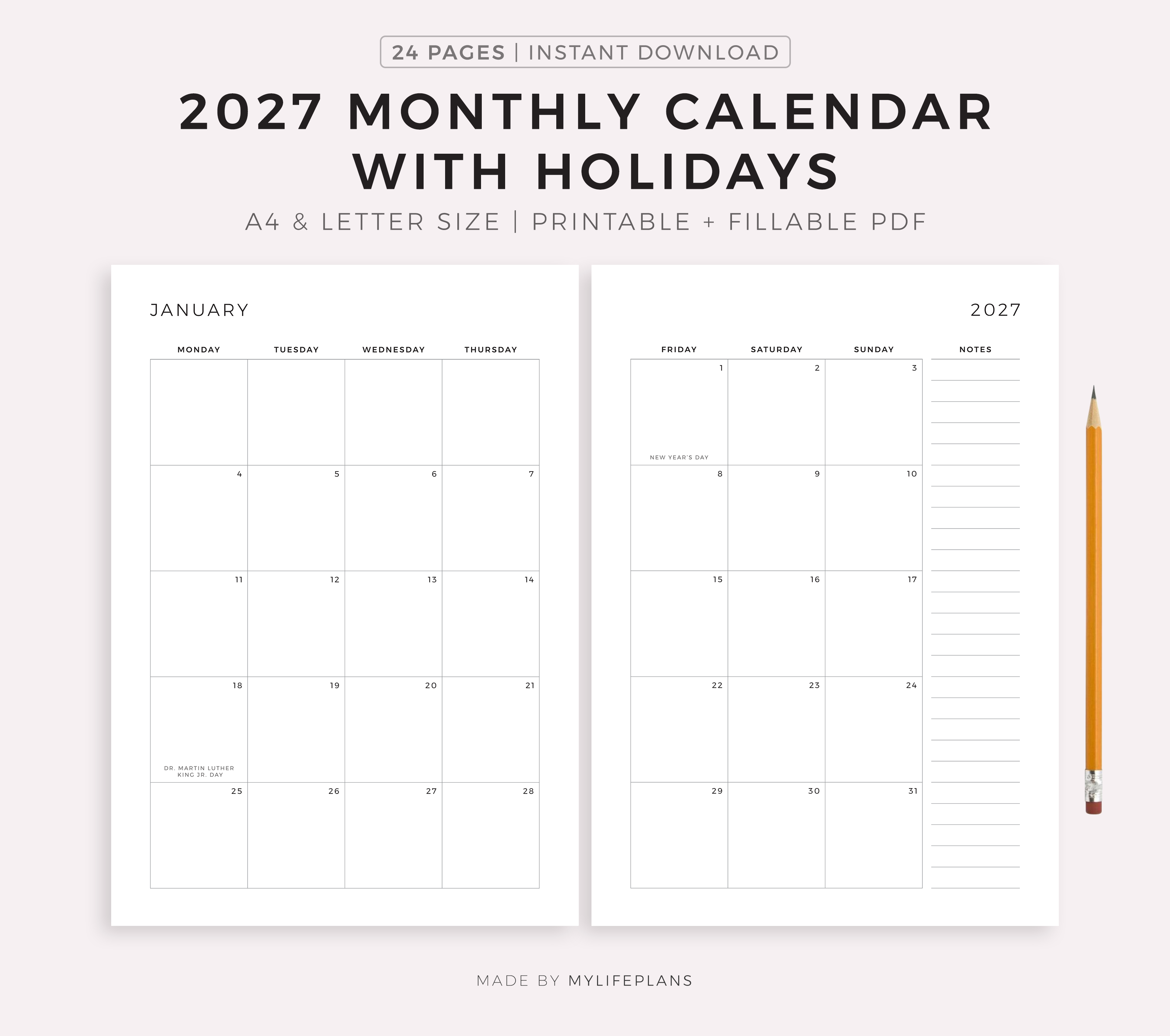 2027 Monthly Calendar with Holidays on 2 Pages, Printable & Fillable ...