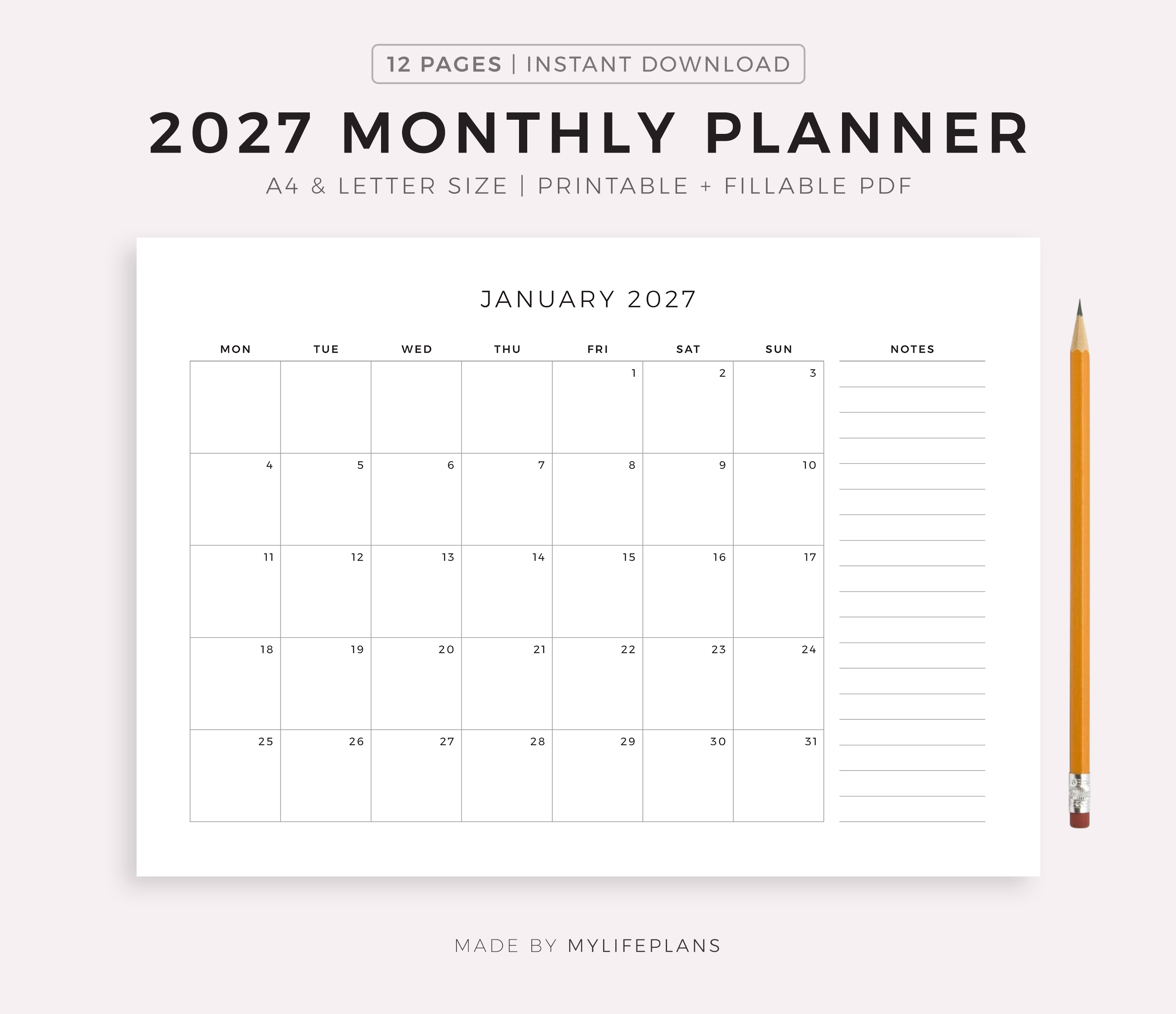 2027 Monthly Planner Landscape, Printable & Fillable, A4/Letter Size ...