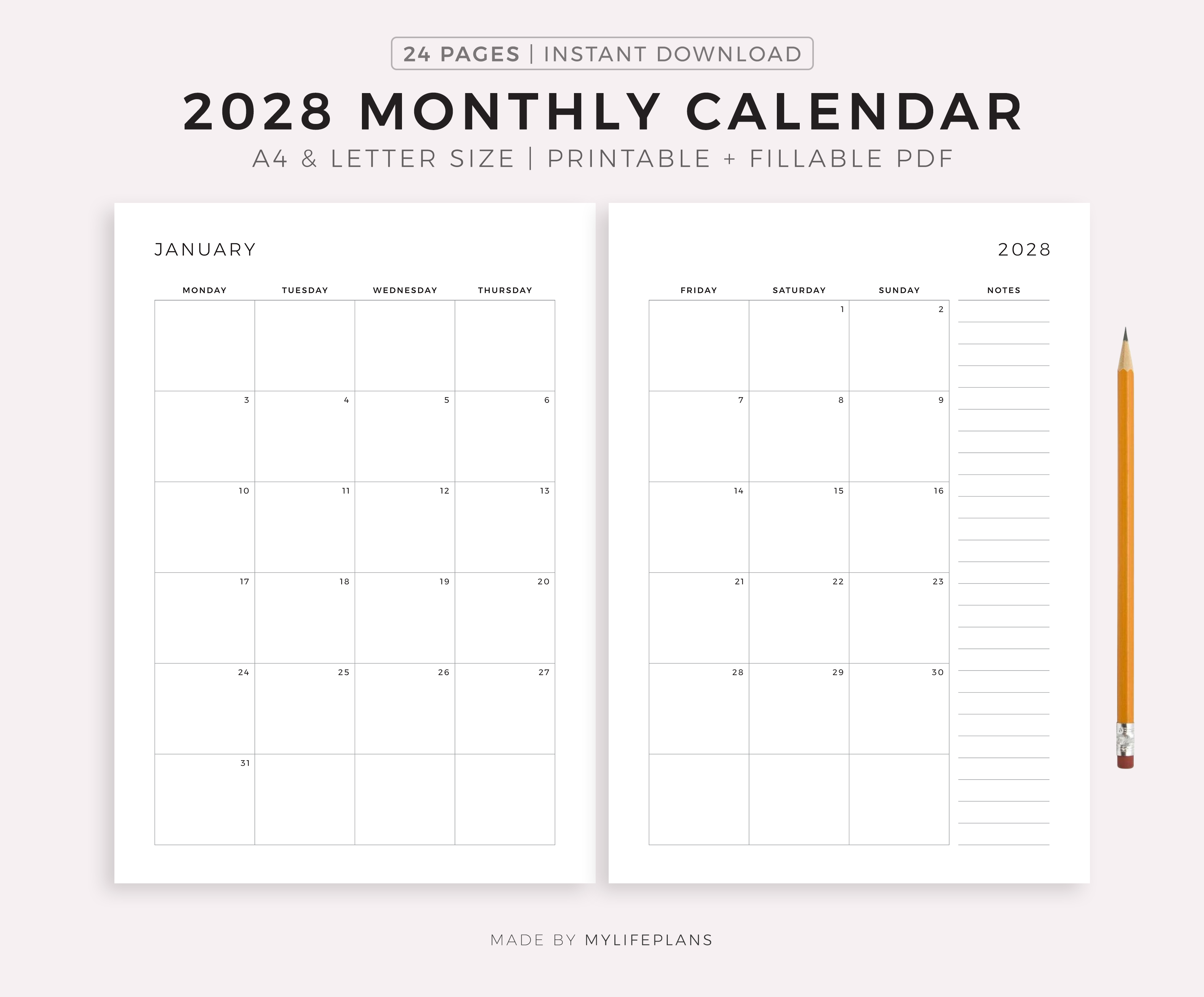 2028 Monthly Calendar on Two Pages with Notes, Printable & Fillable, A4 ...