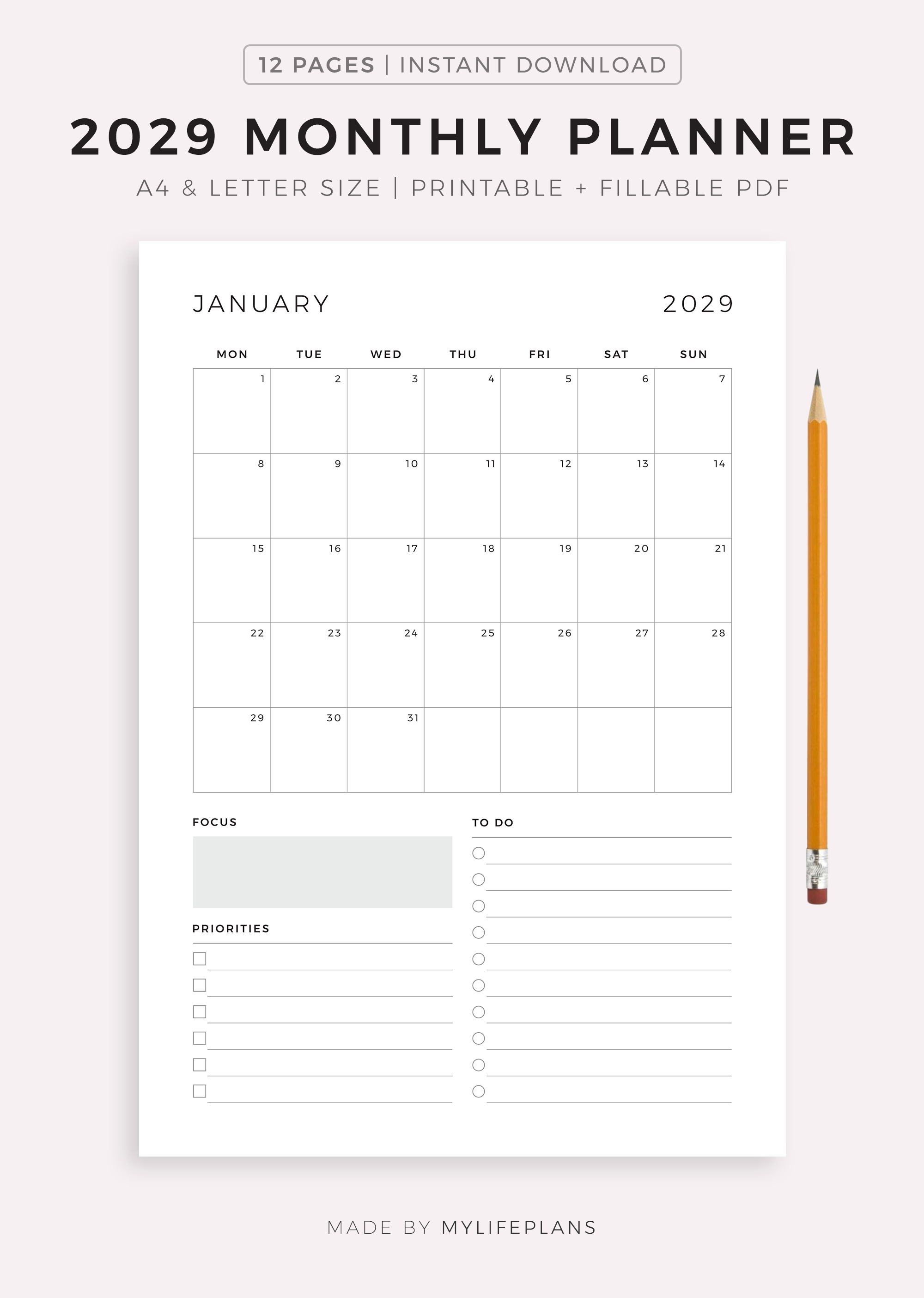 2029 Monthly Planner, Monthly Schedule, Monthly Organizer, Month at a ...