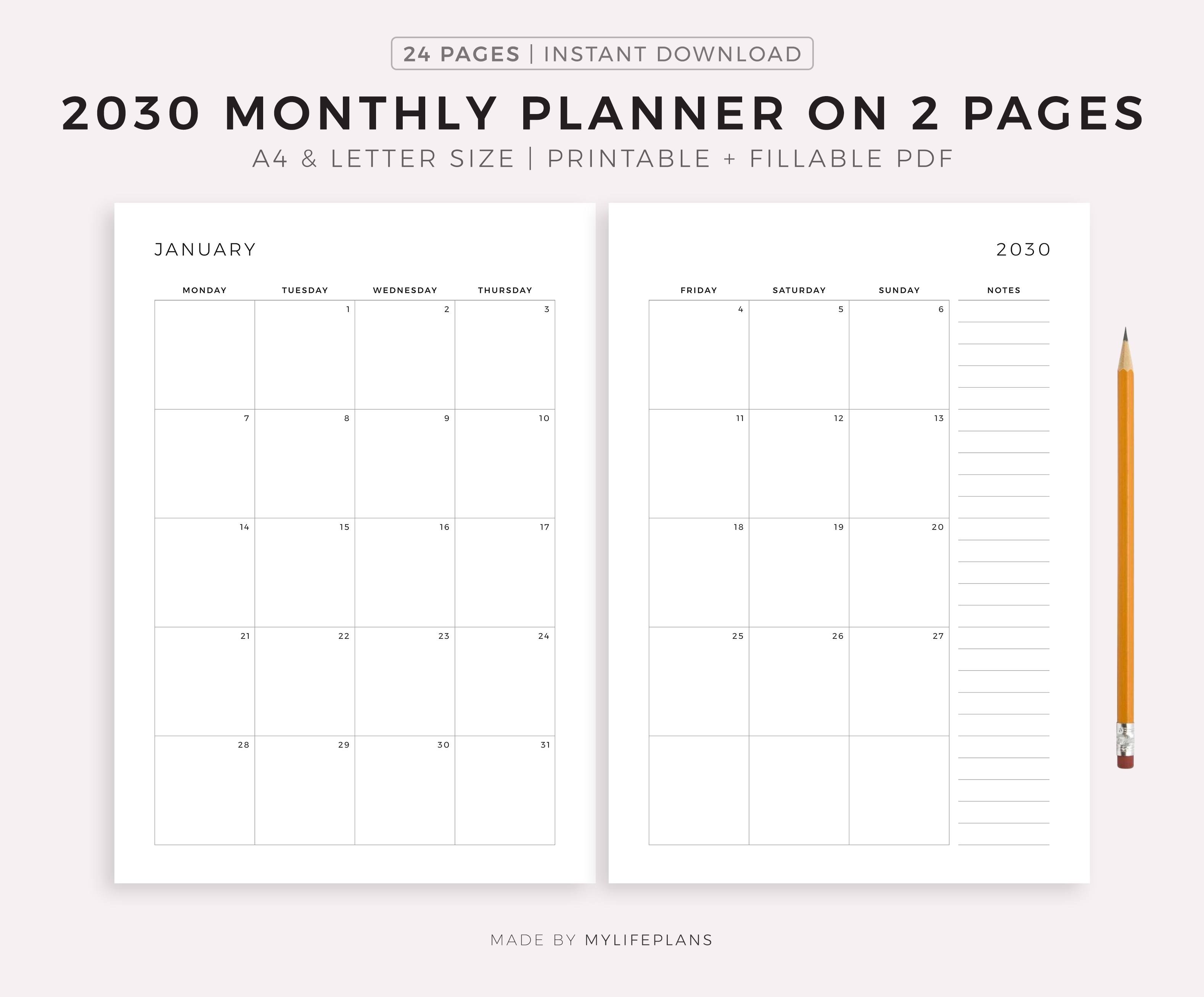 2030 Monthly Planner on Two Pages, Printable & Fillable, A4/Letter Size ...