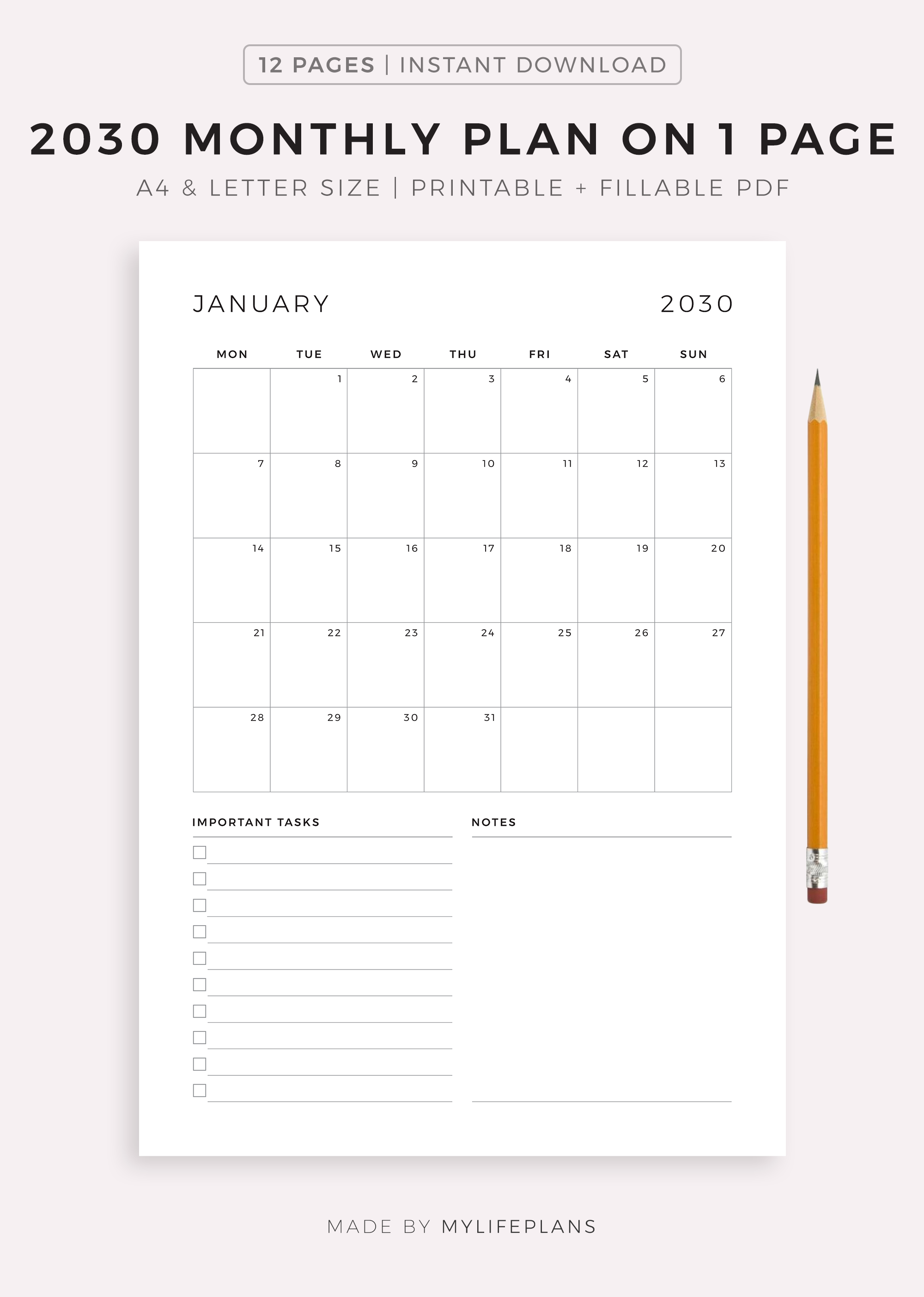 2030 Monthly Planner on One Page, Printable & Fillable, A4/Letter Size ...