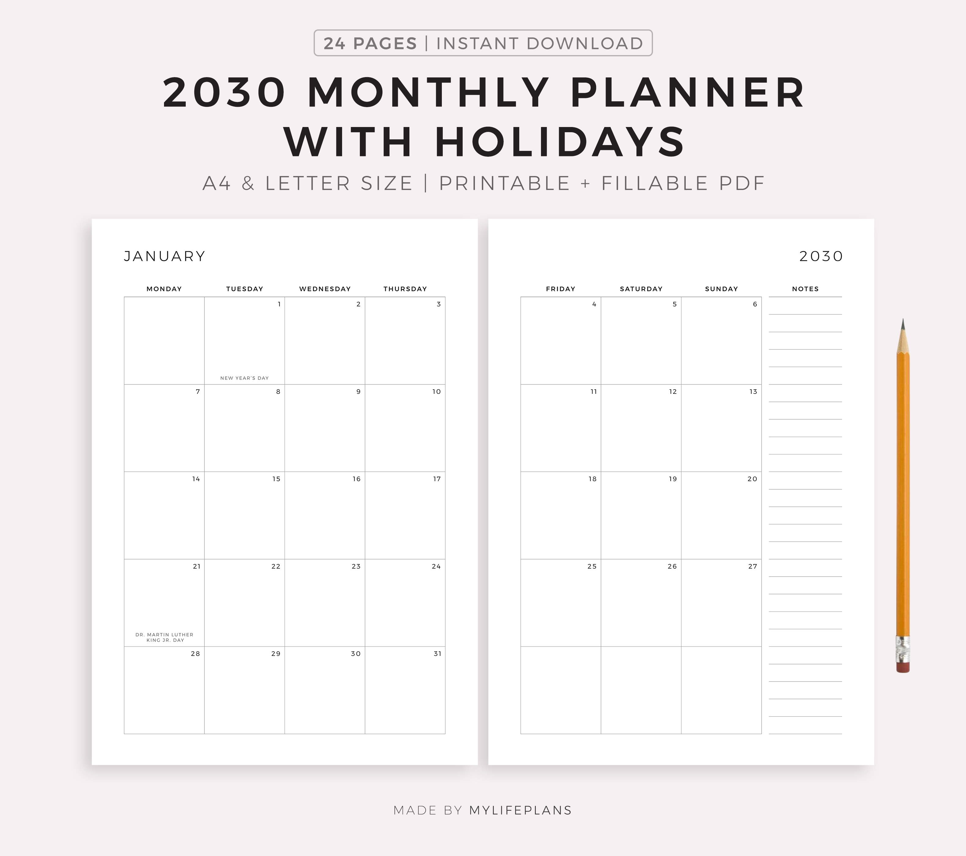 2030 Monthly Planner with Holidays, Printable & Fillable, A4/Letter ...