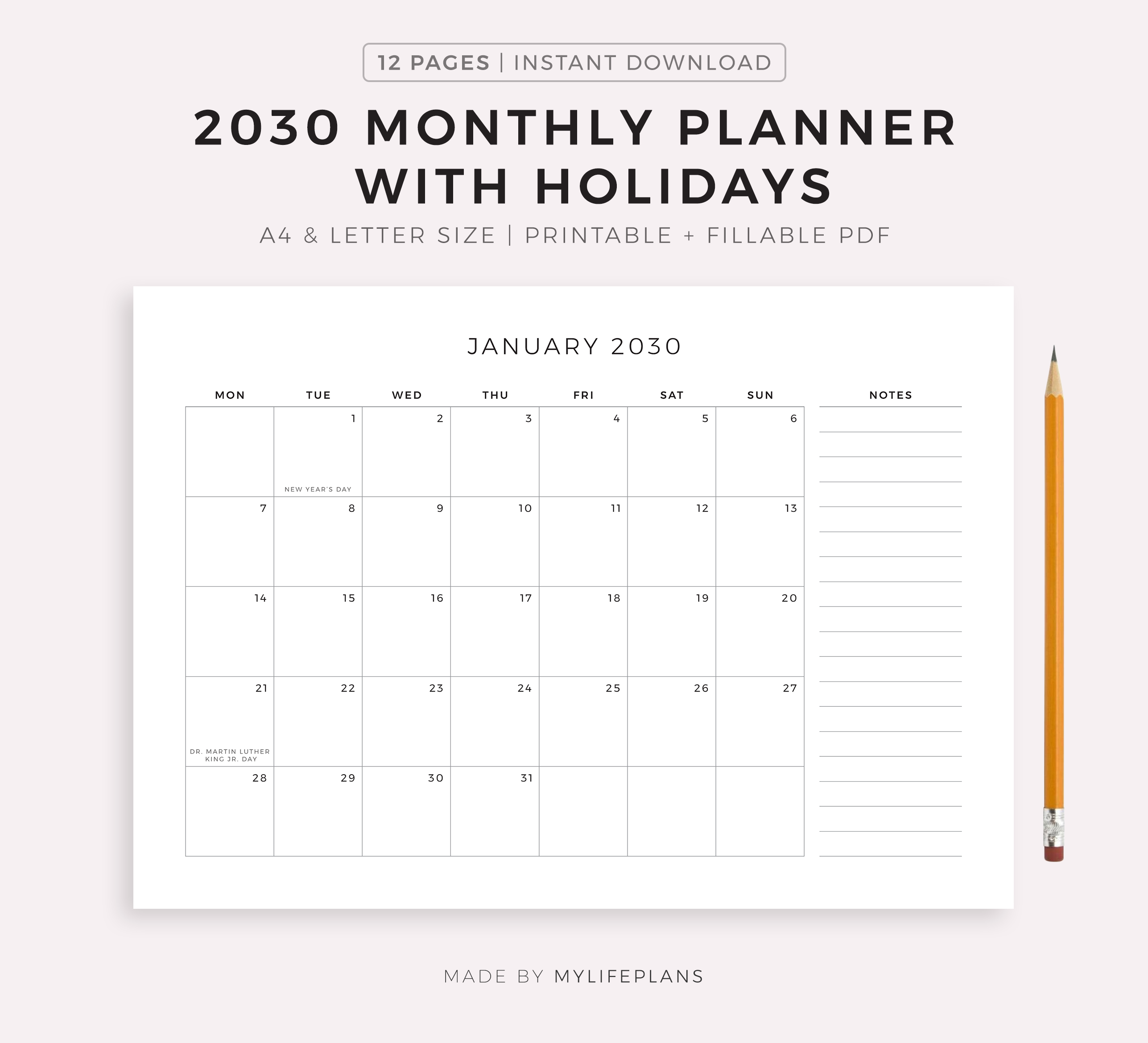 2030 Monthly Planner with Holidays, Landscape, Printable & Fillable, A4 ...