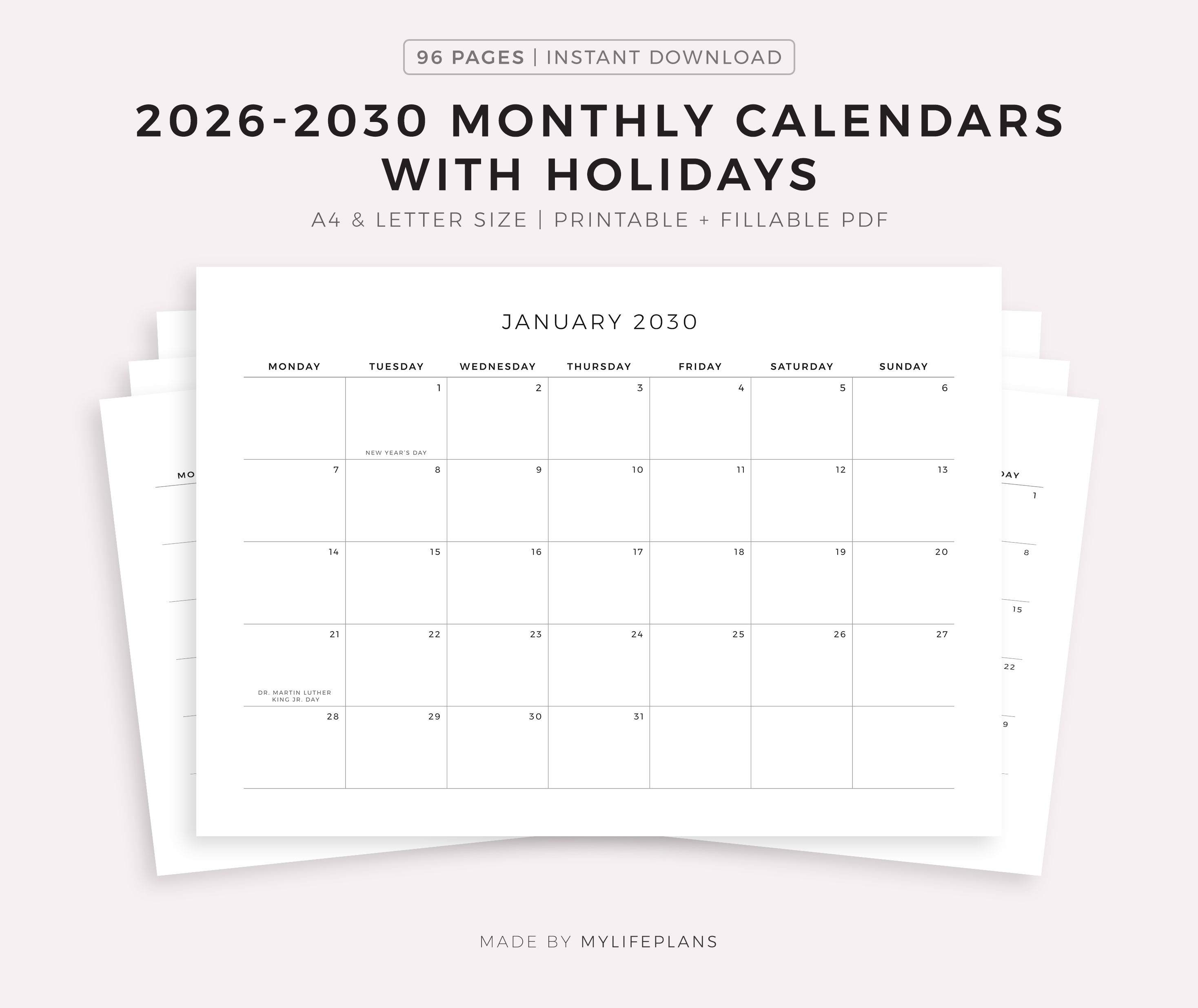 2026-2030 Monthly Calendars with Holidays, Landscape, Printable ...