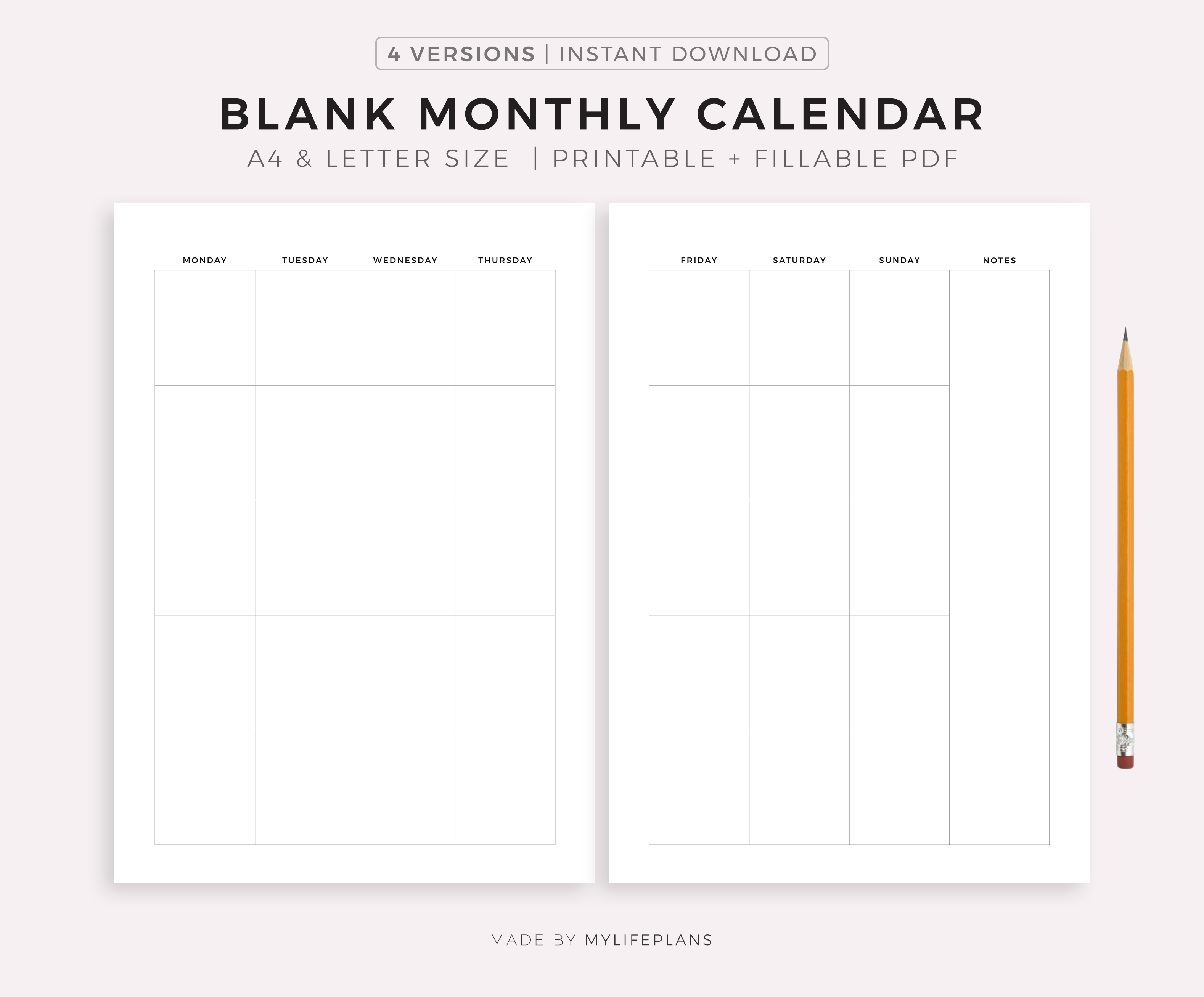 2 Page Blank Monthly Calendar, Printable & Fillable, A4/Letter Size ...