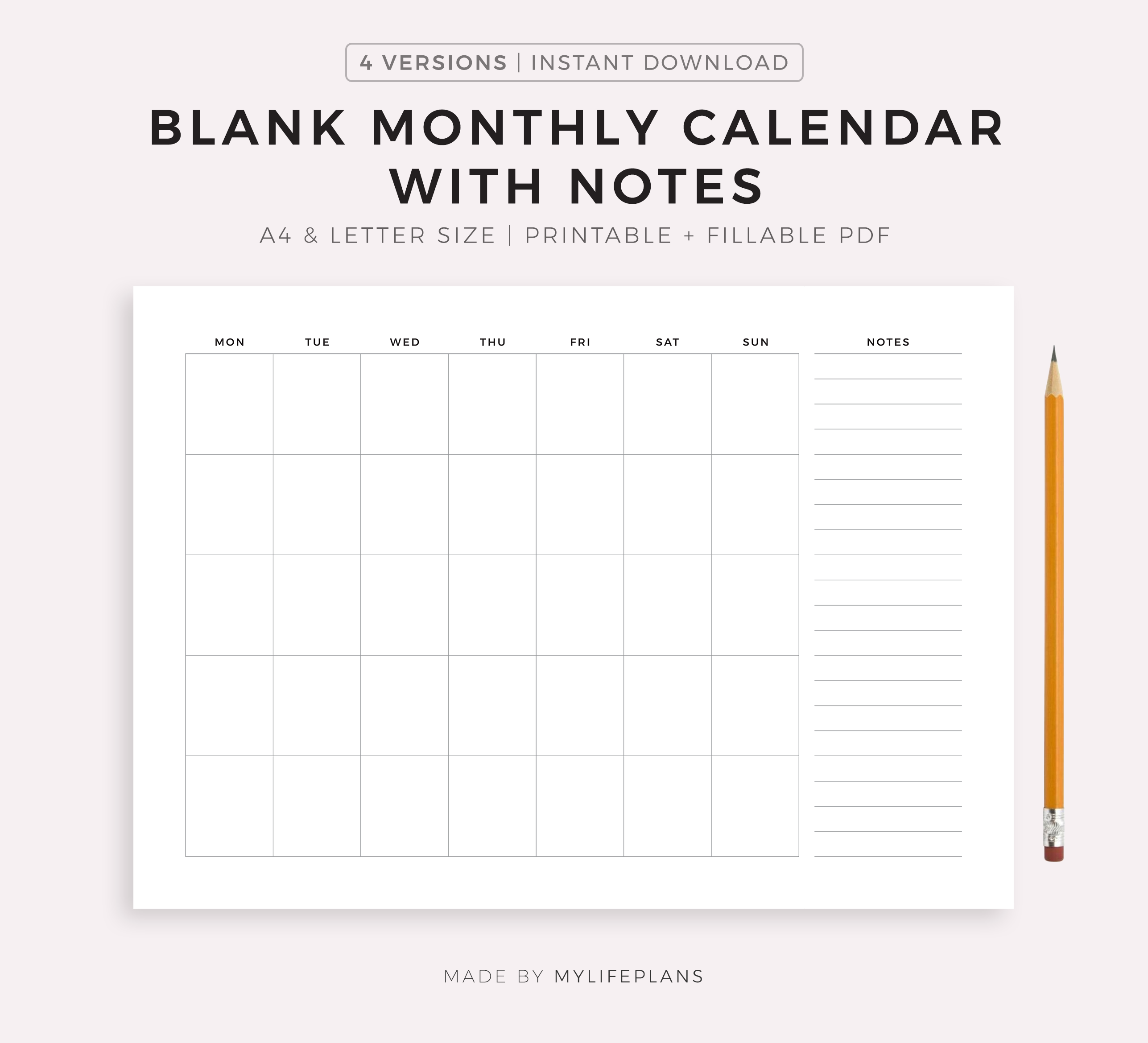 Blank Monthly Calendar with Notes, Landscape, Printable & Fillable, A4 ...