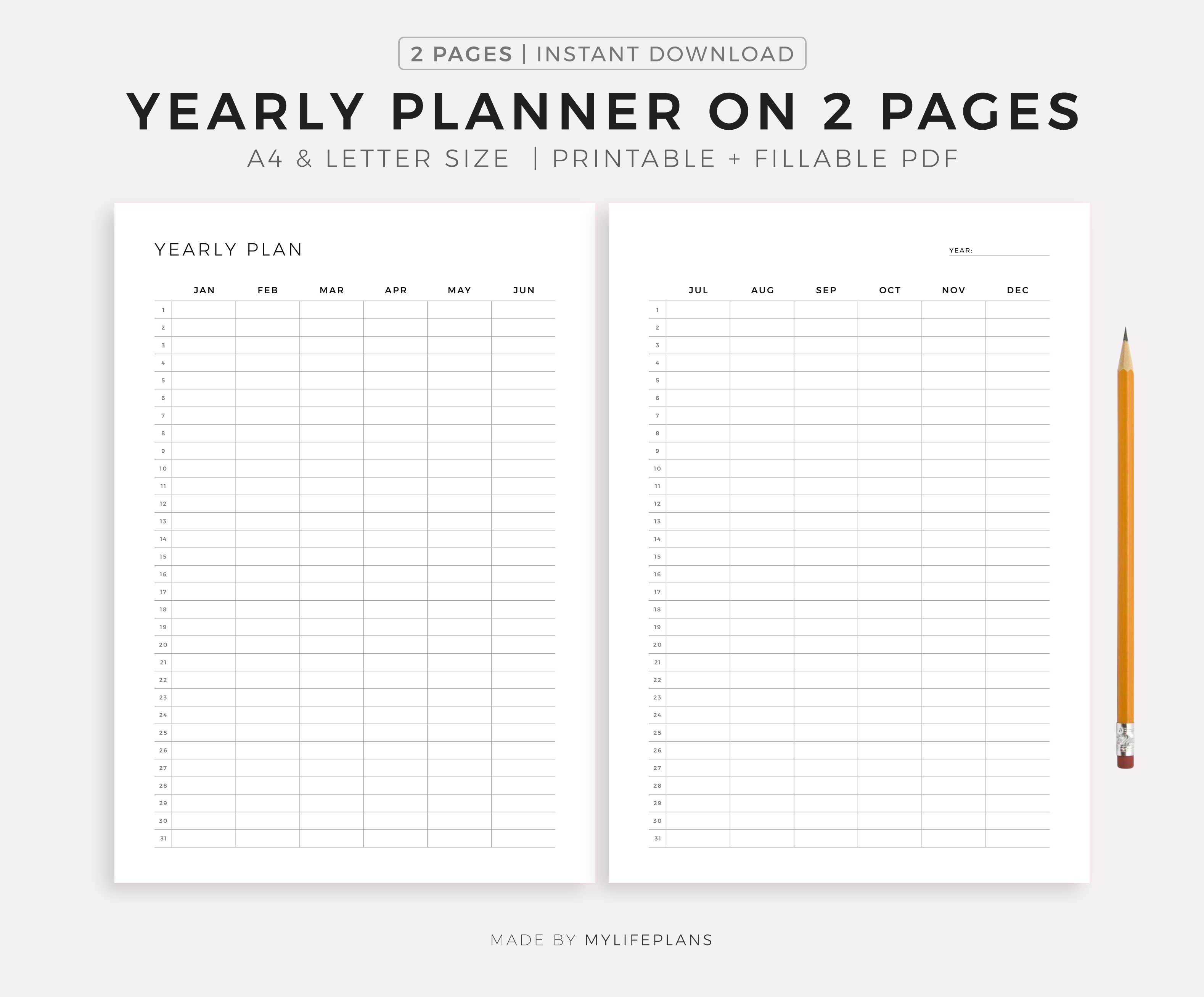 2 Page Yearly Planner, Printable & Fillable, A4/Letter Size - Payhip
