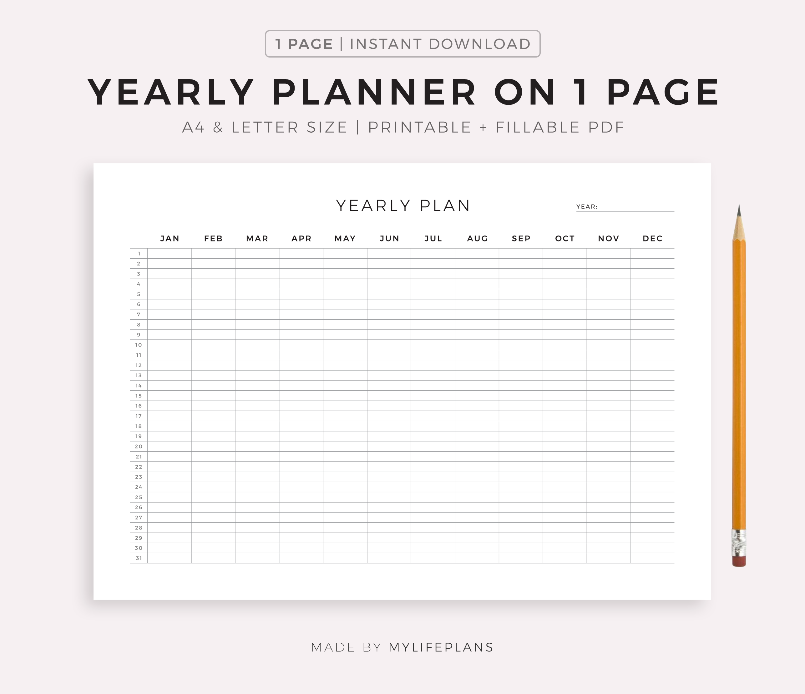 Yearly Planner on 1 Page, Year At a Glance, Landscape, Printable ...