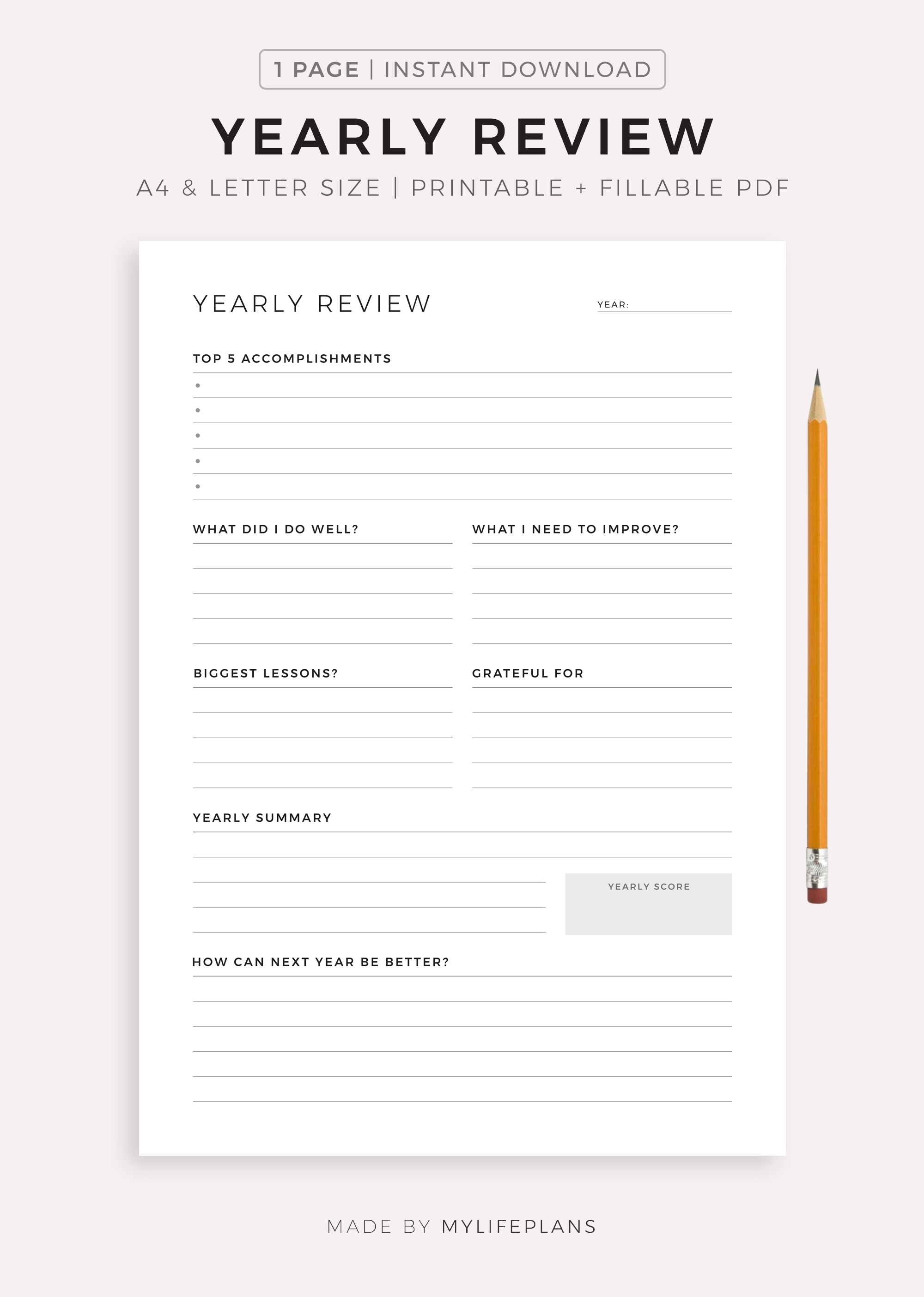 Yearly Review, Printable & Fillable Template, A4/Letter Size - Payhip