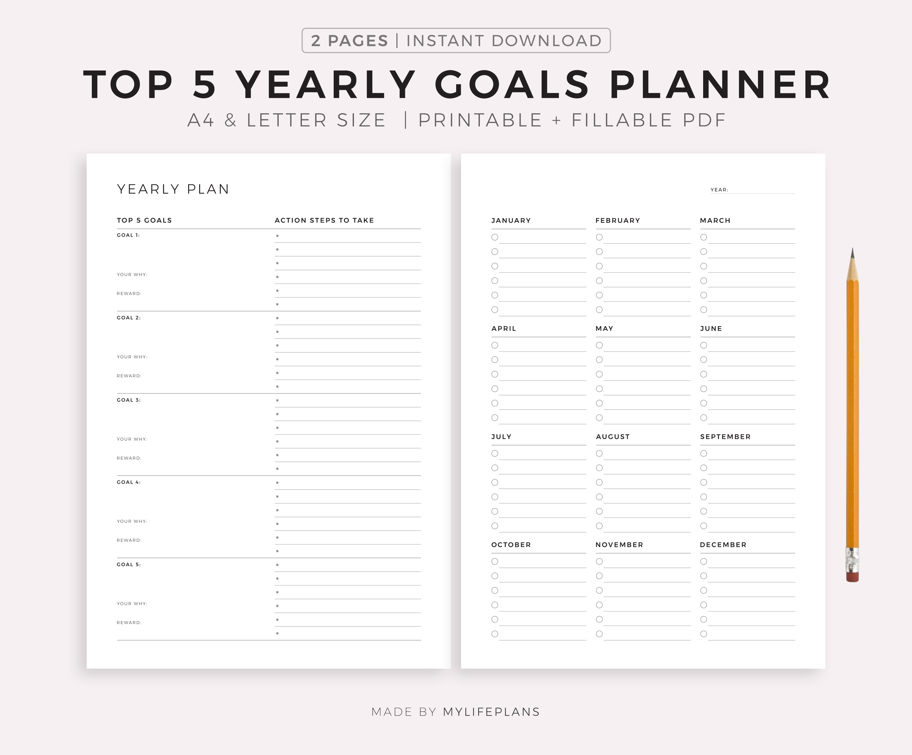 Top 5 Yearly Goals Planner, Goal Setting, Goal Planning, A4/Letter Size ...
