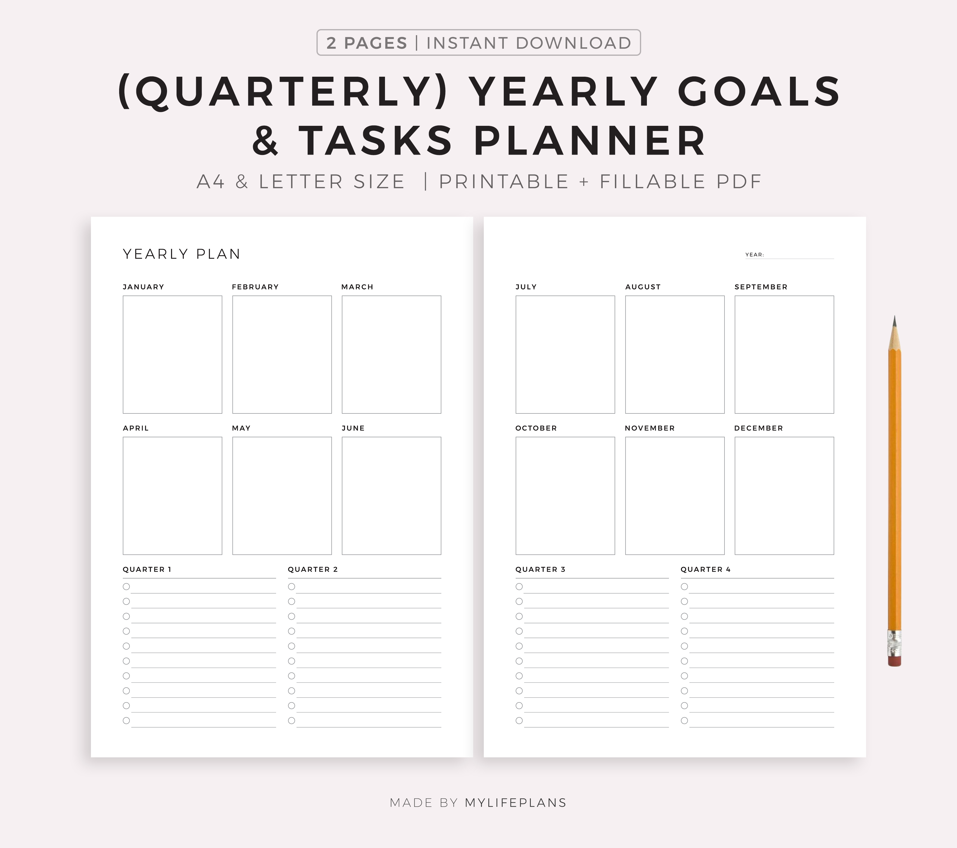 Quarterly Yearly Planner, Printable & Fillable, A4/Letter Size - Payhip