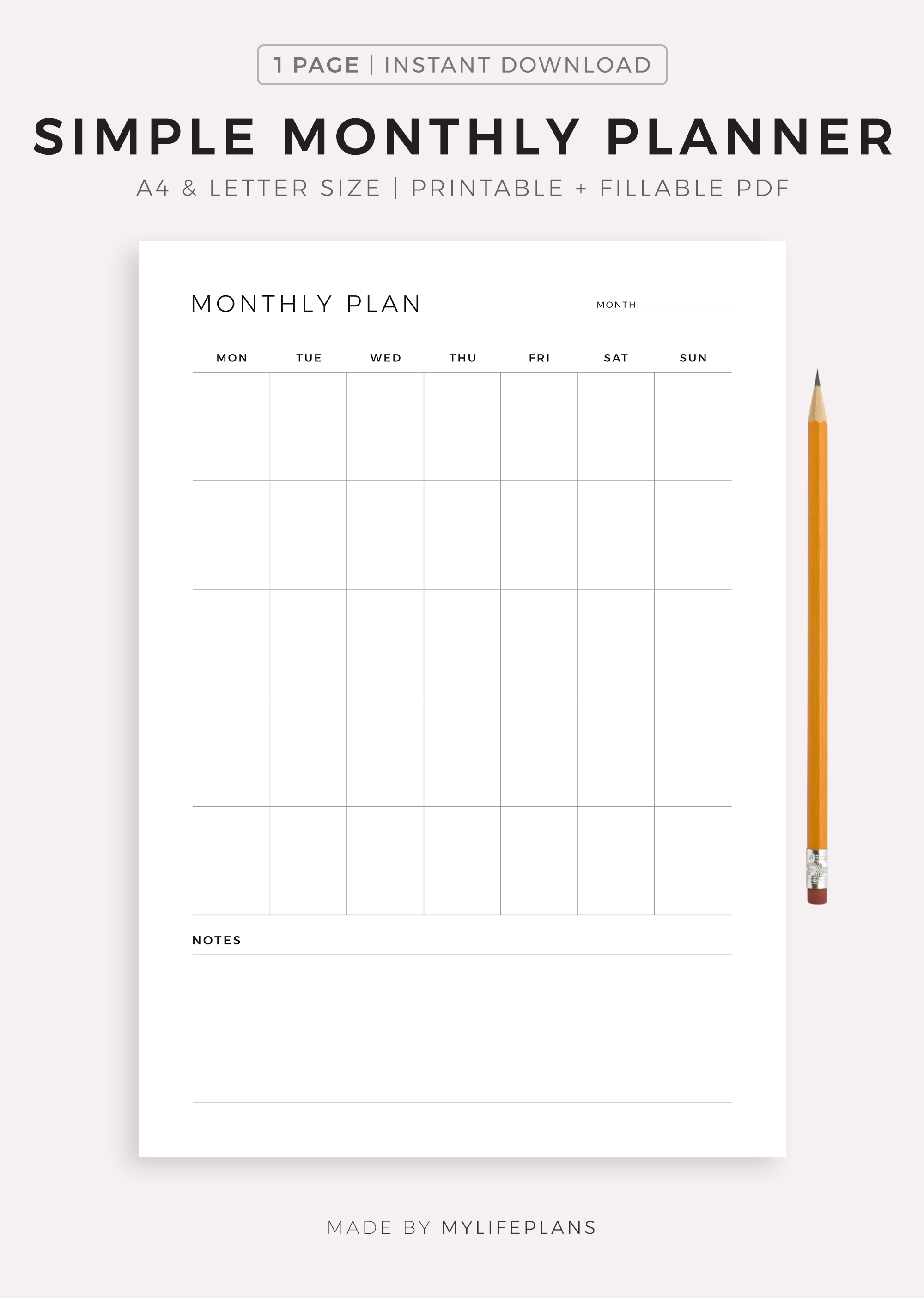 Simple Monthly Planner, Printable & Fillable, A4/Letter Size - Payhip
