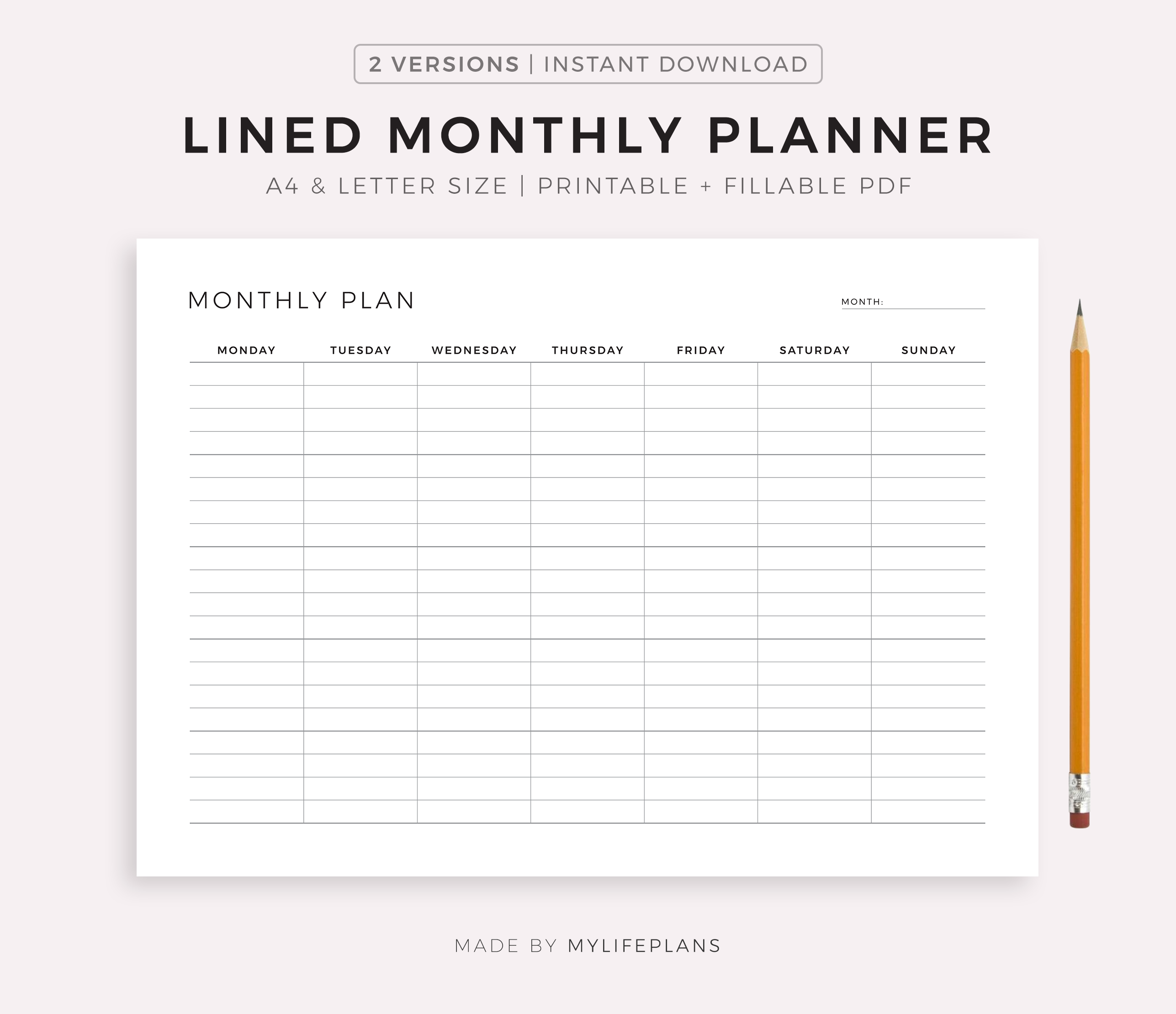 Lined Monthly Planner, Landscape, Printable & Fillable, A4/Letter Size ...