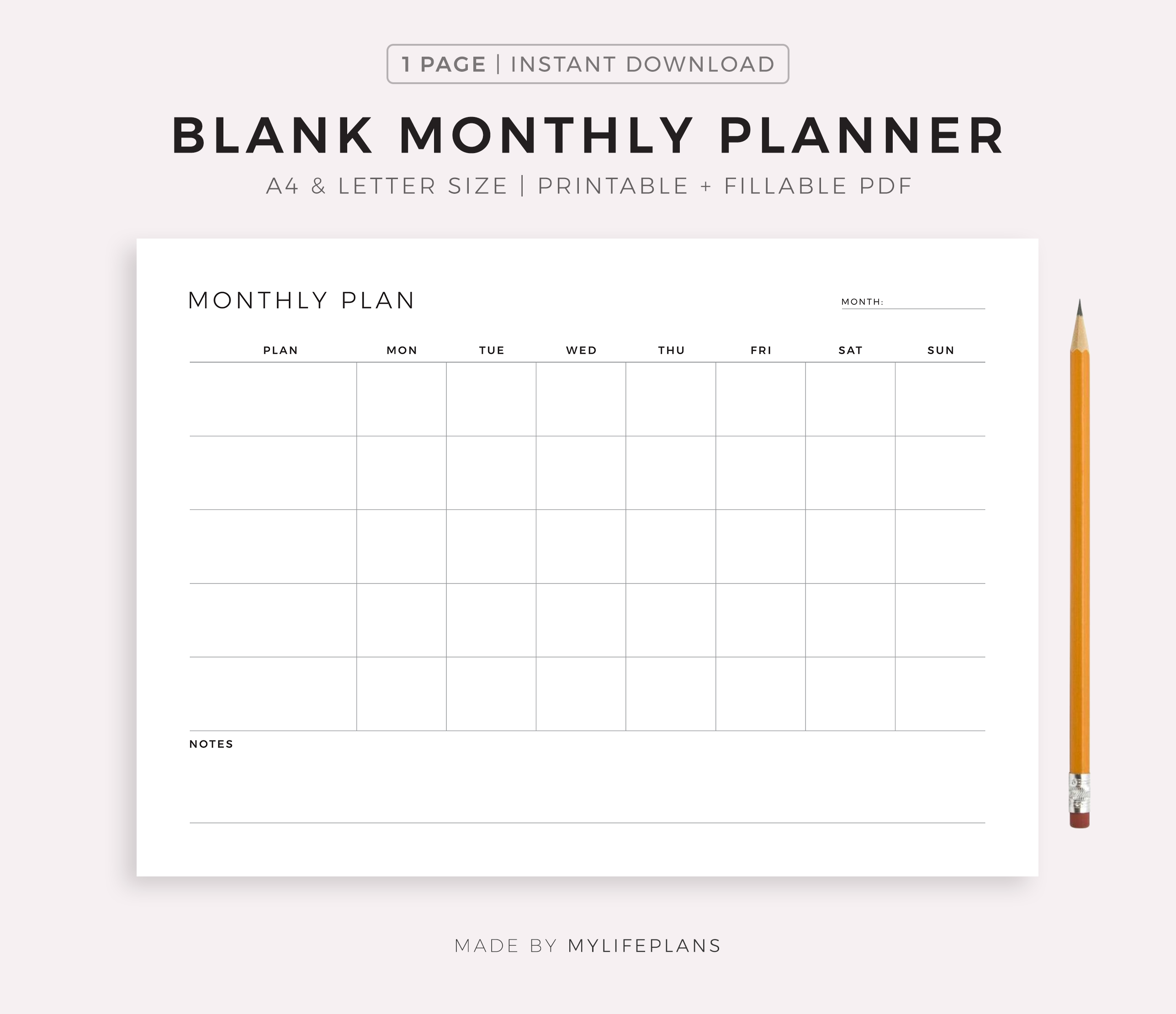 Blank Monthly Planner, Landscape, Printable & Fillable, A4/Letter Size ...