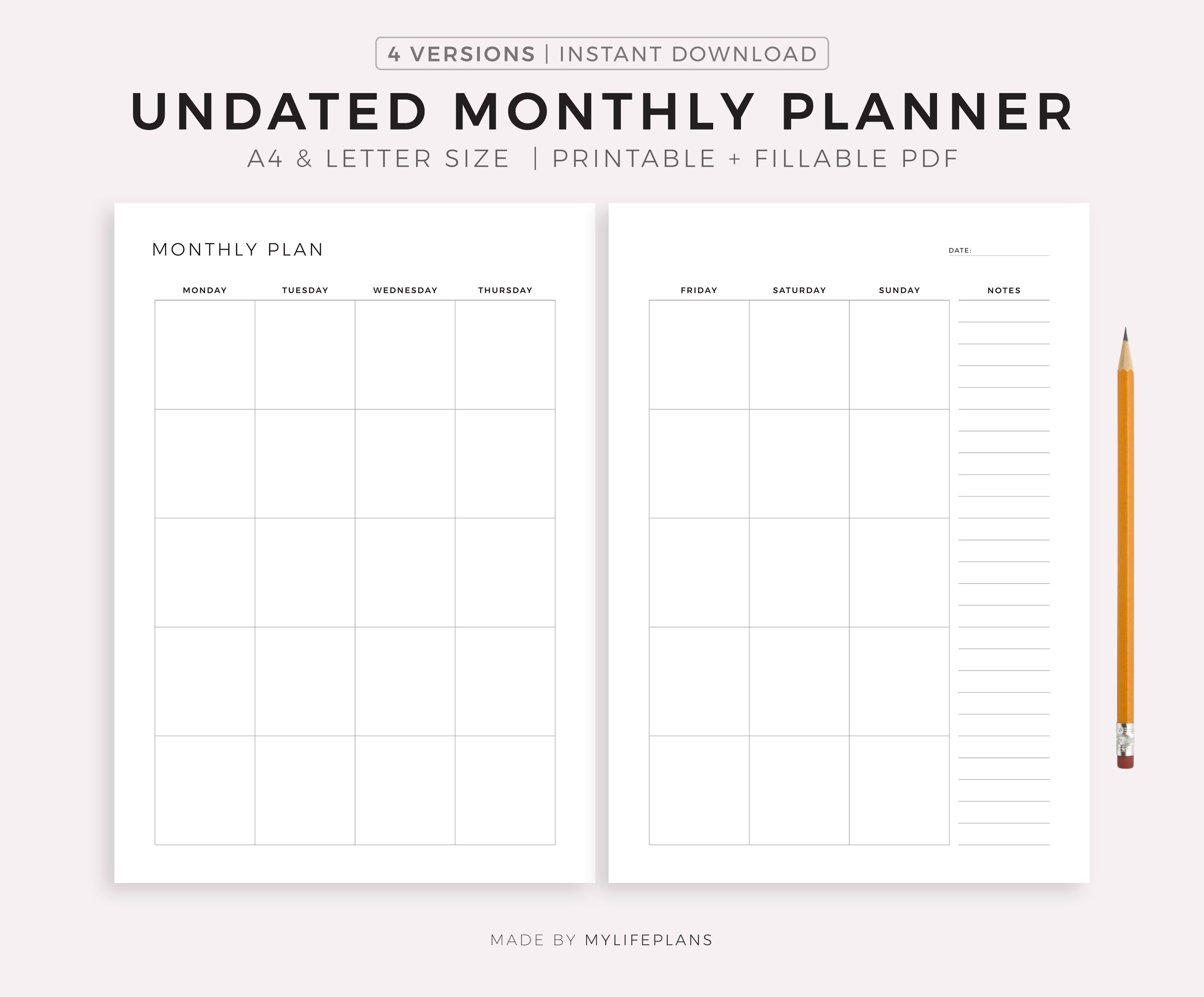 Undated Monthly Planner Printable, Month on Two Pages, Month At a ...