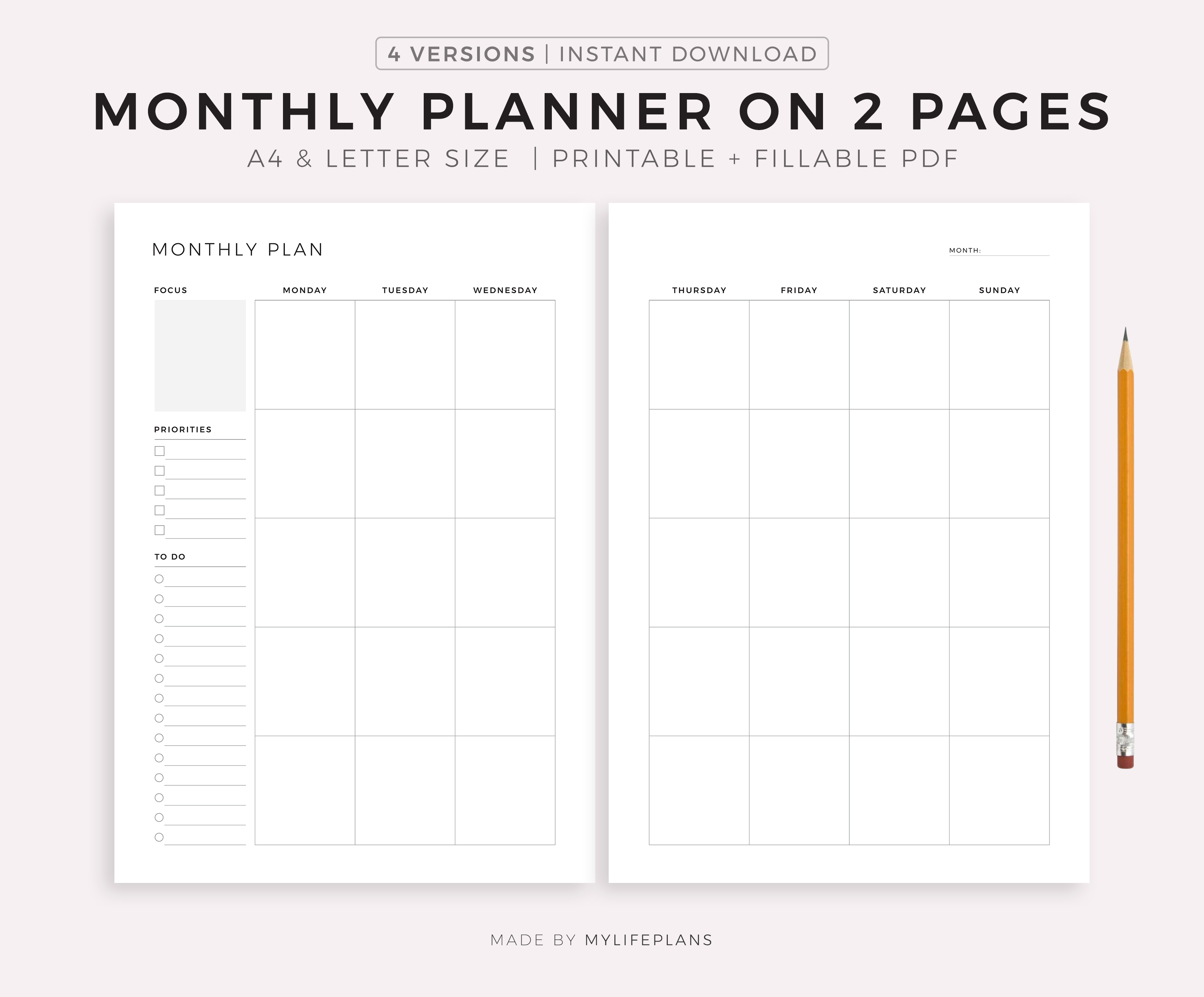 Printable Monthly Planner On Two Pages, Month At a Glance, A4/Letter ...