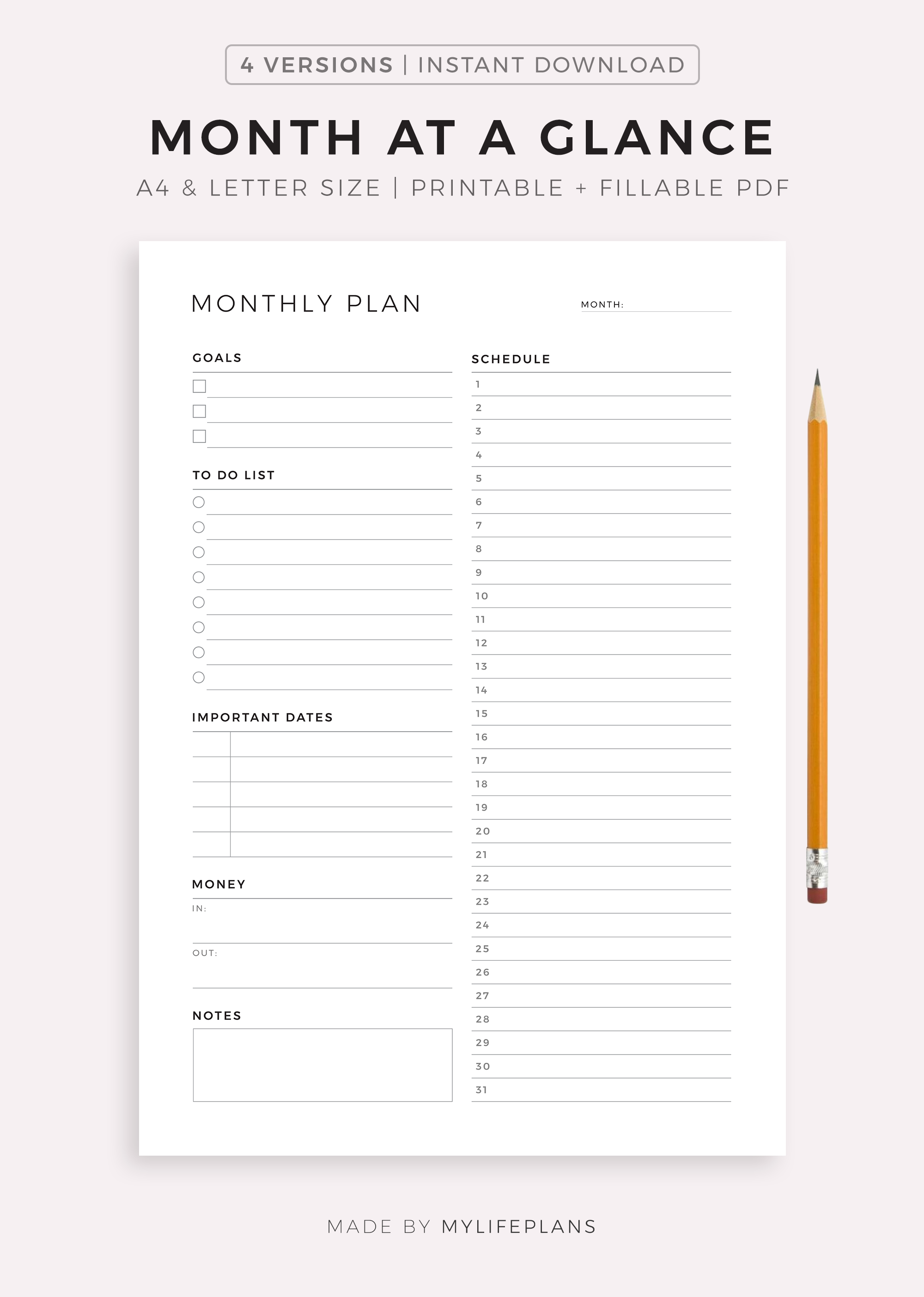 Month At a Glance - Monthly Goals, Monthly To Do List, Important Dates ...