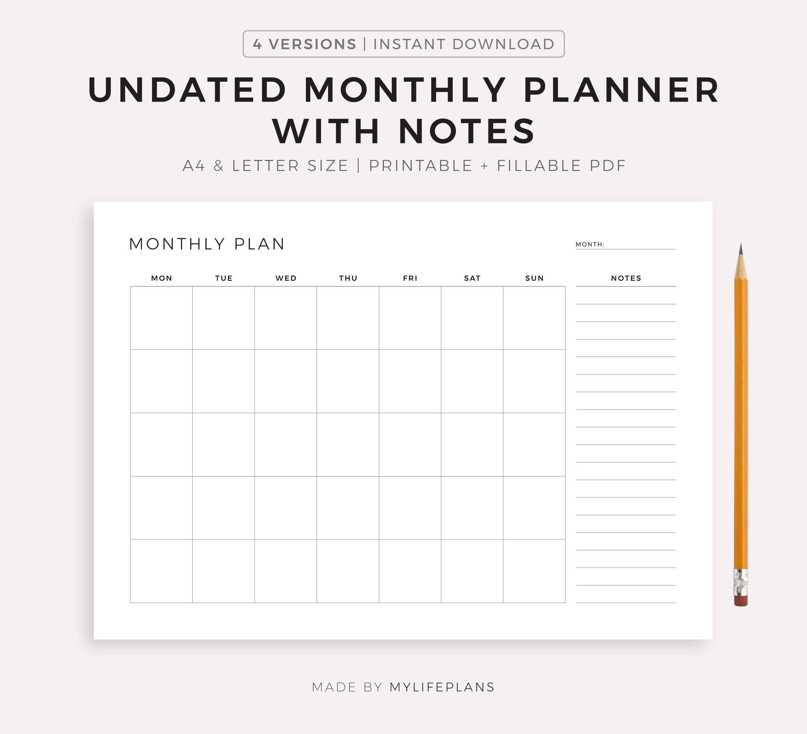 Undated Monthly Planner with Notes, Landscape, Printable & Fillable, A4 ...