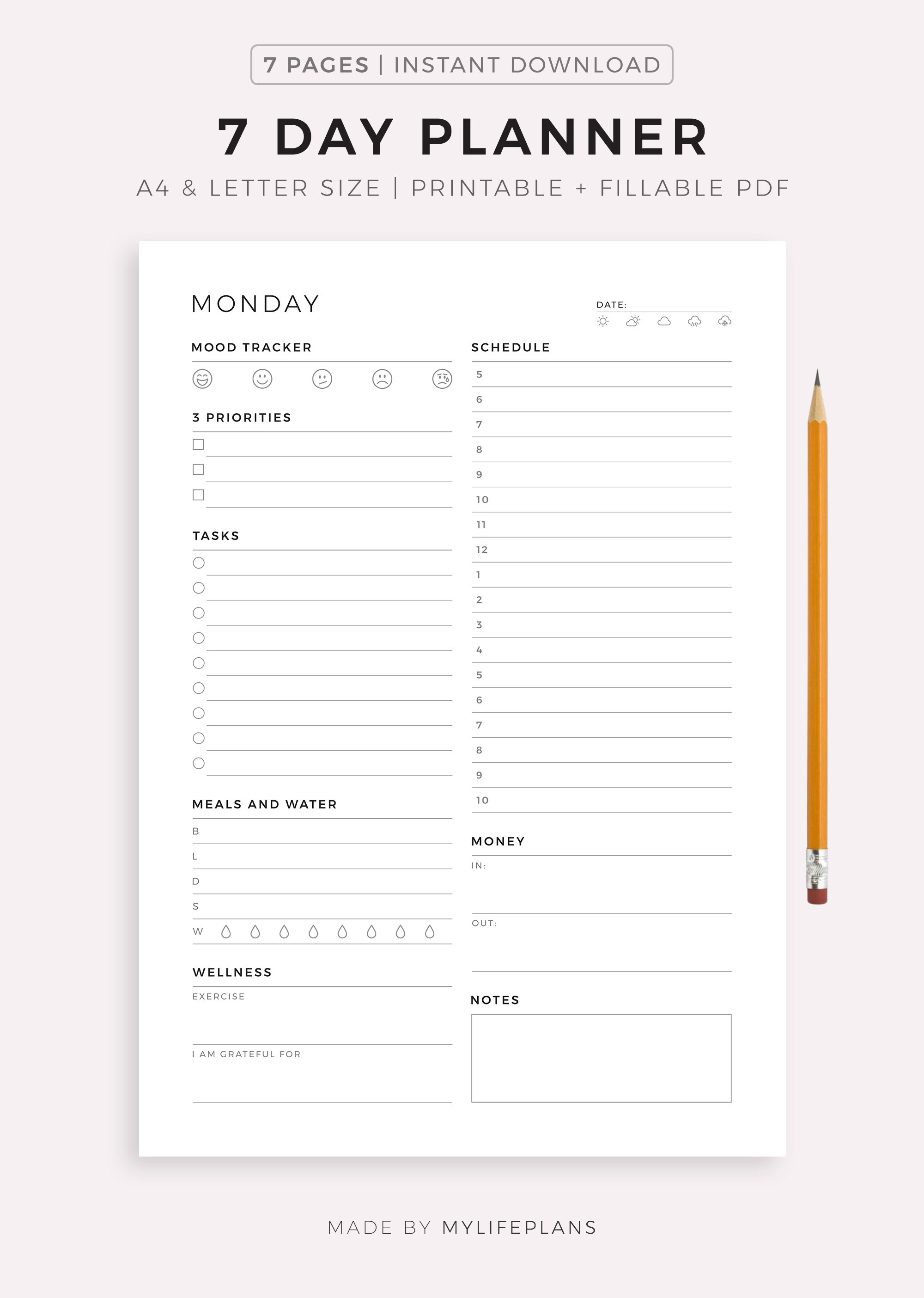 7 Day Planner Printable, Daily Planner, Weekly Planner, Daily To Do ...