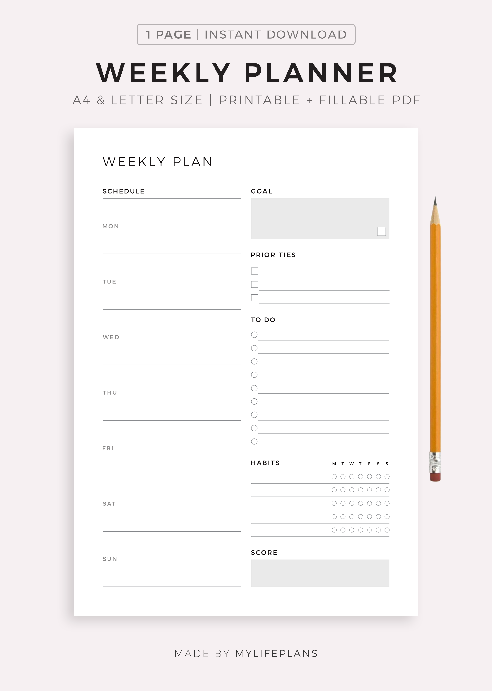Productivity Weekly Planner, Printable & Fillable, A4/Letter Size - Payhip