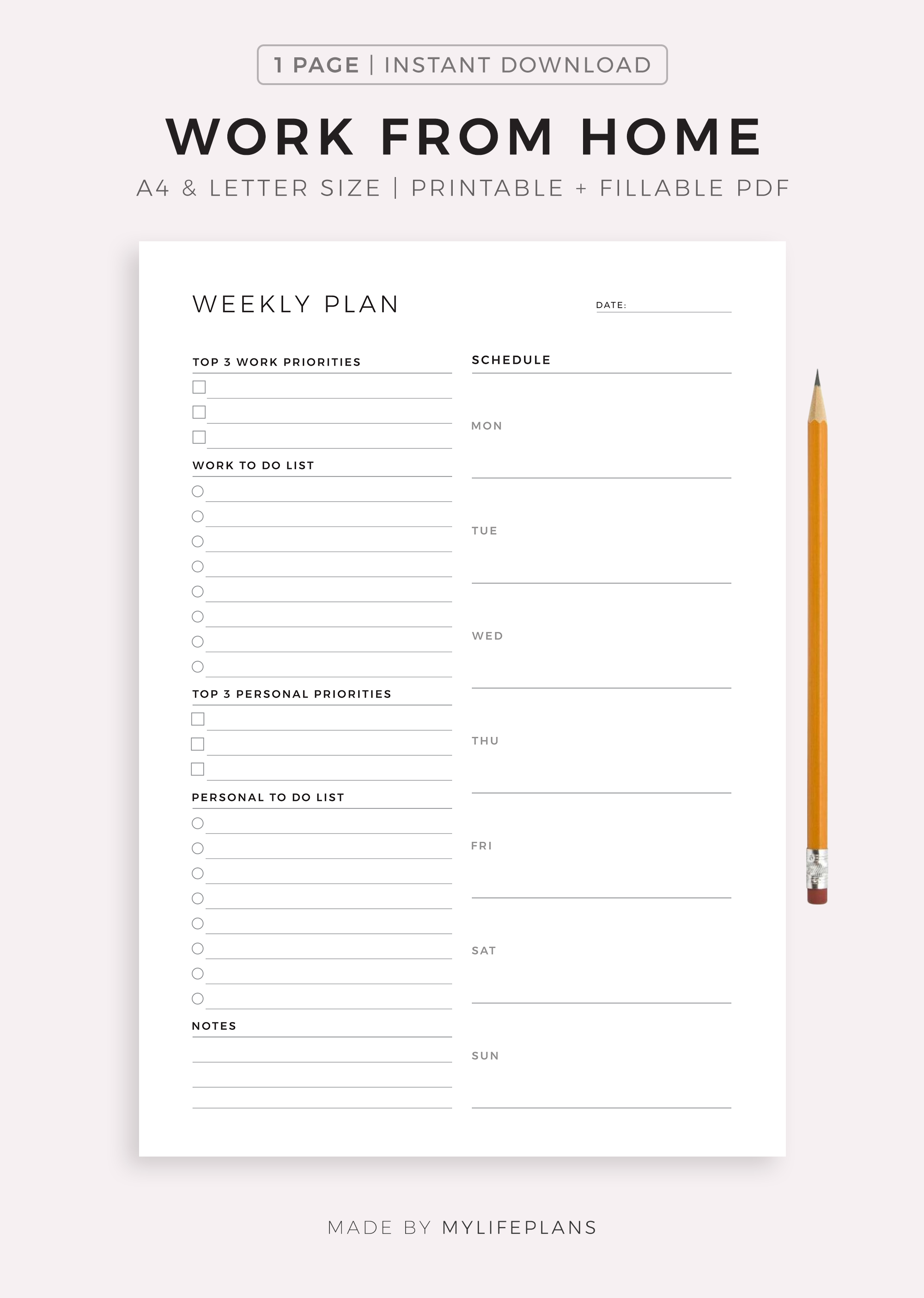 Work From Home Weekly Planner, Printable & Fillable, A4/Letter Size ...