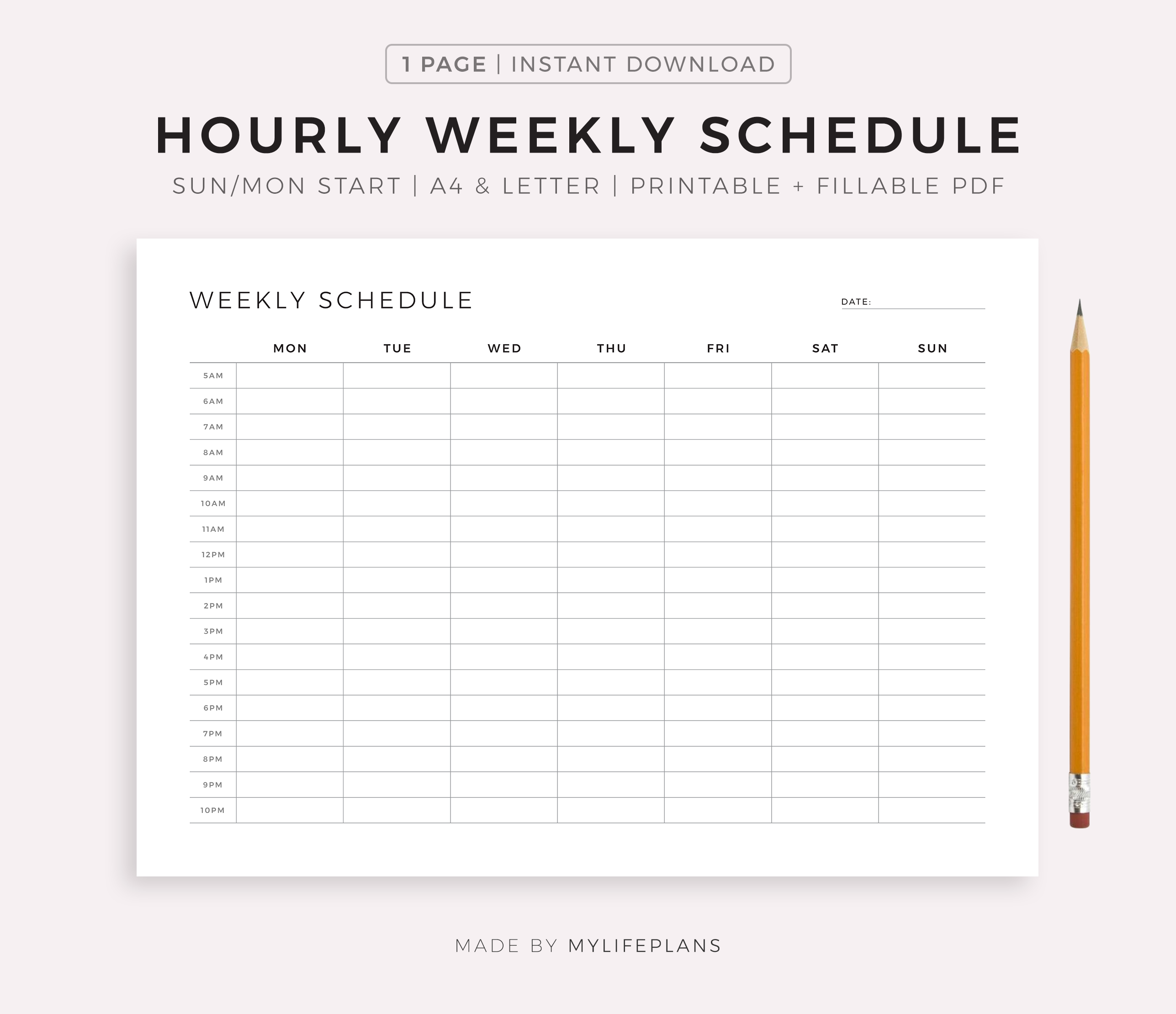 Hourly Weekly Schedule, Landscape, Printable & Fillable, A4/Letter Size ...