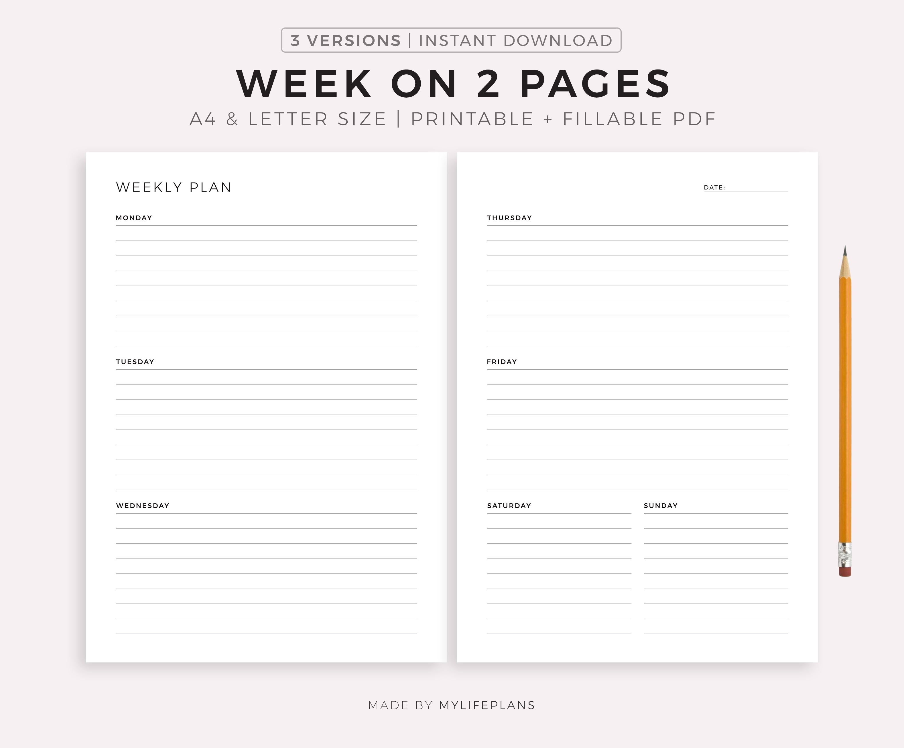 Week on 2 Pages, Week At a Glance, Weekly Schedule, Weekly Agenda ...