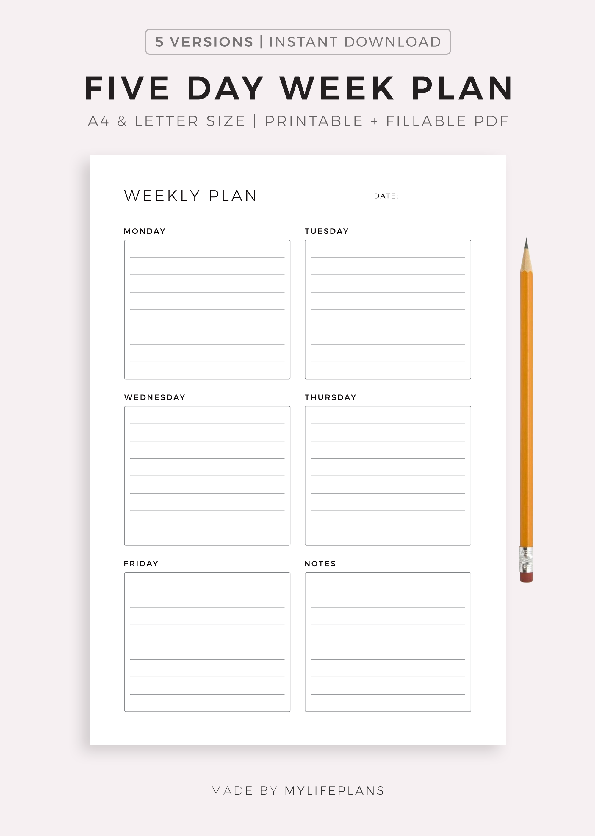 Five Day Weekly Planner, Printable & Fillable, A4/Letter Size - Payhip