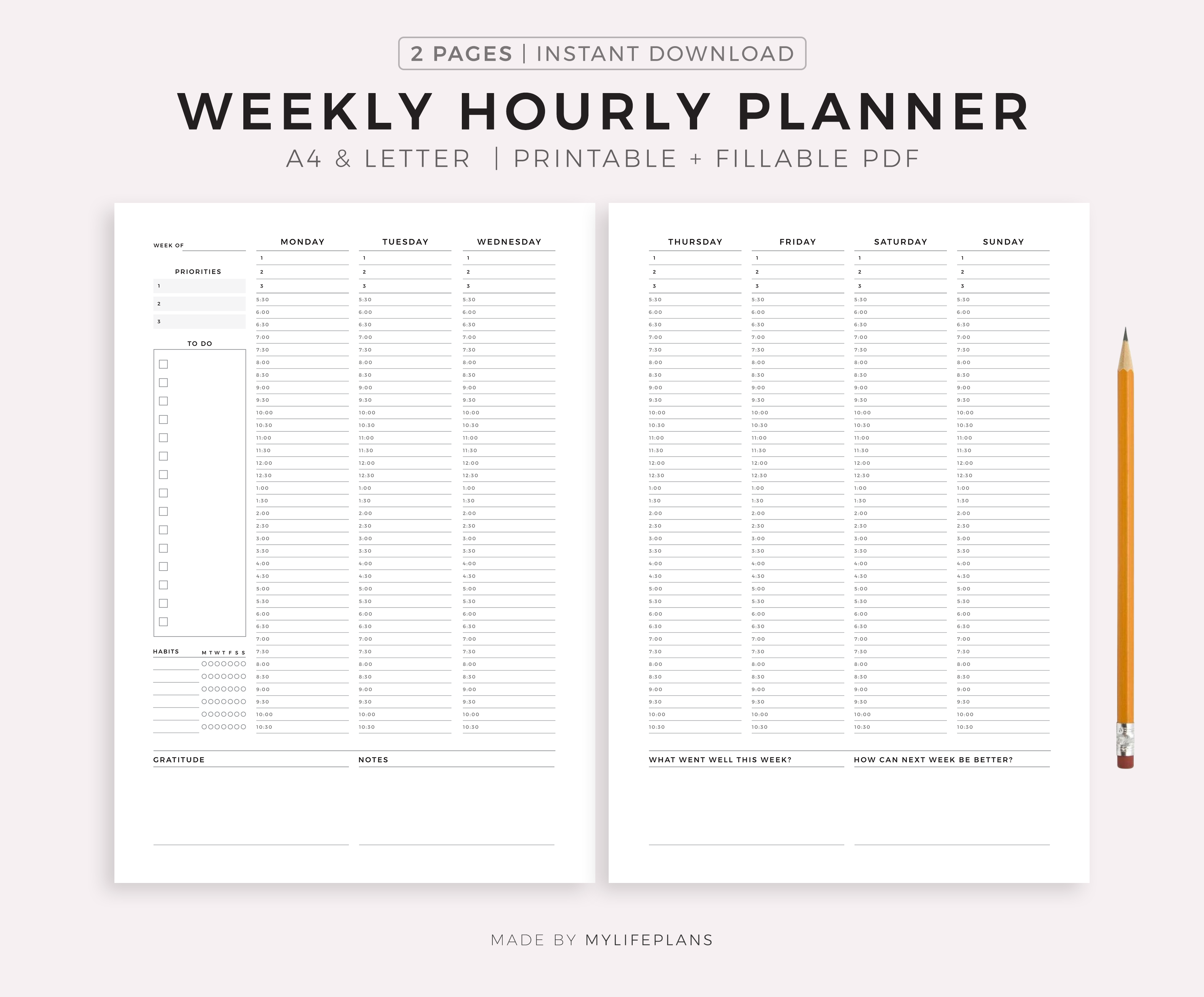 Weekly Hourly Planner, Printable & Fillable, A4/Letter Size - Payhip