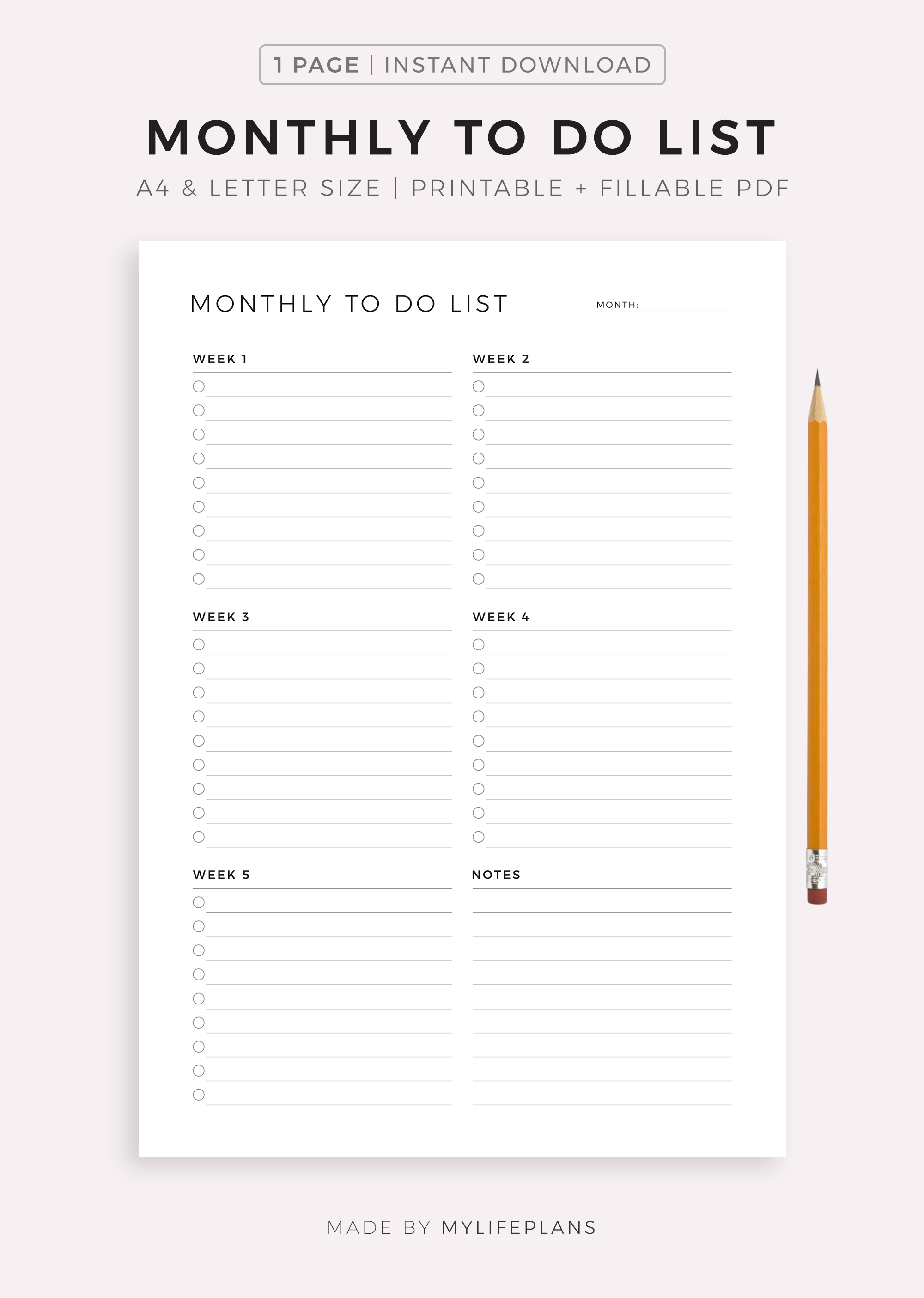 Monthly To Do List Planner, Printable & Fillable, A4/Letter Size - Payhip