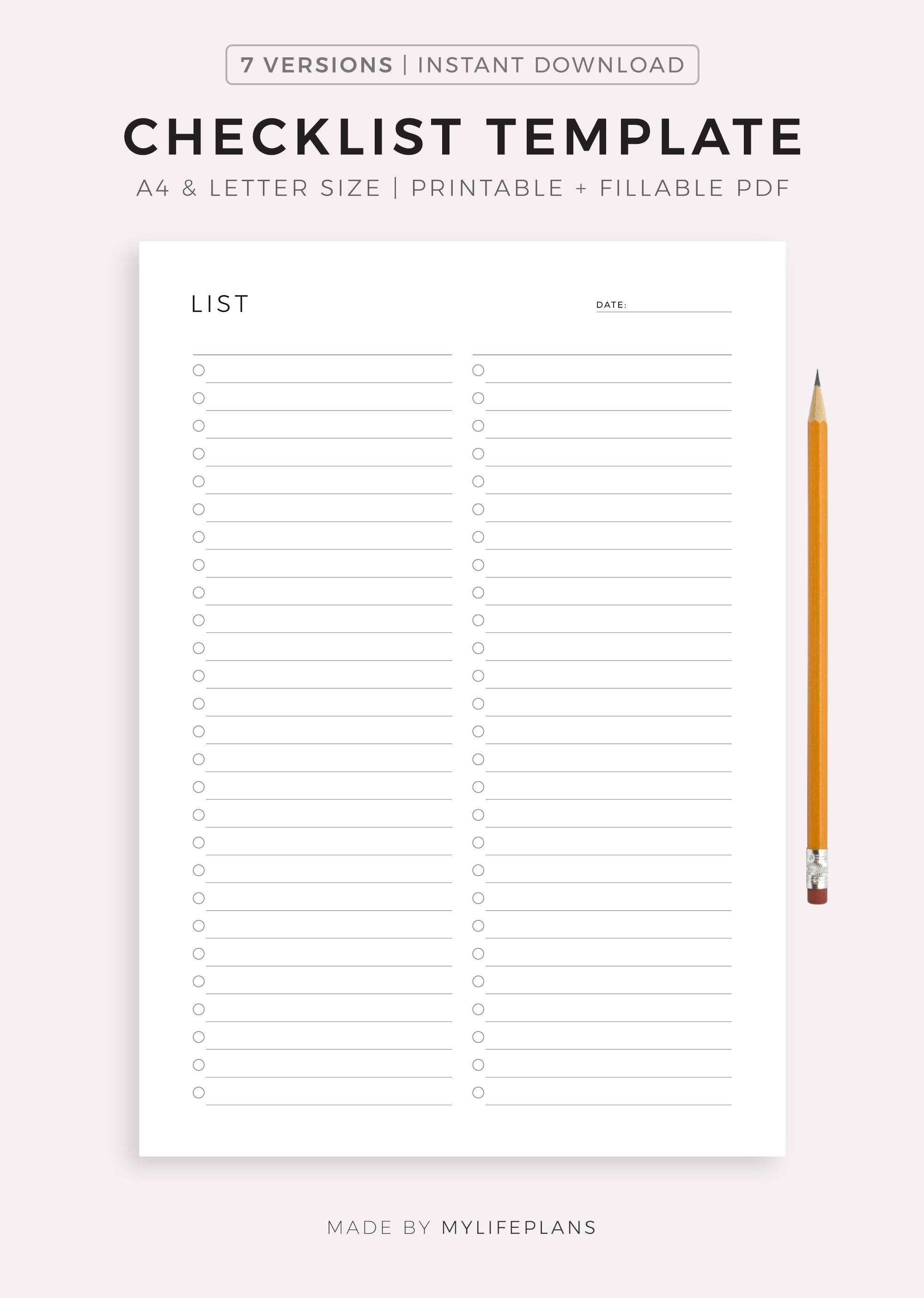Blank Checklist Template, Printable & Fillable, A4/Letter Size - Payhip