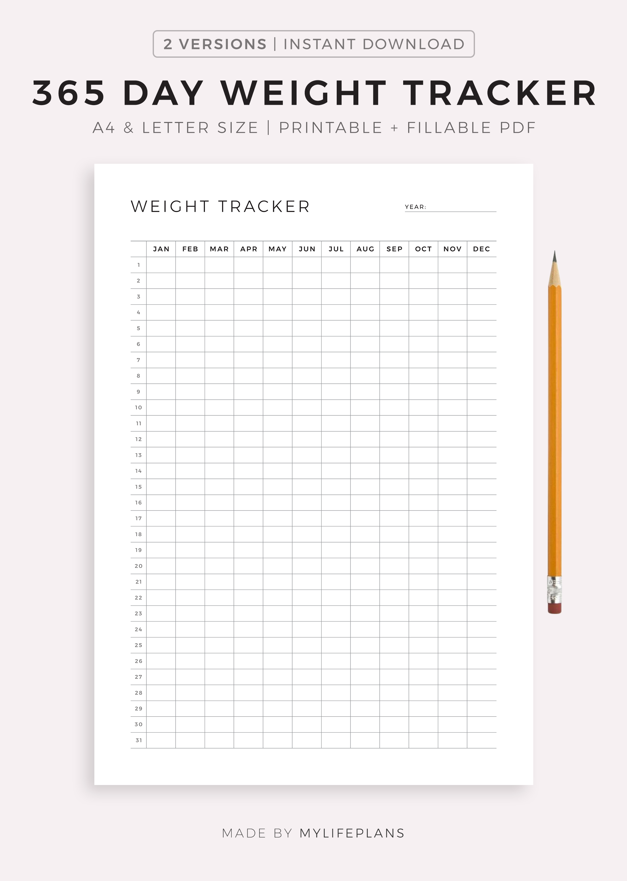 365 Day Weight Tracker, Printable & Fillable, A4/Letter Size - Payhip