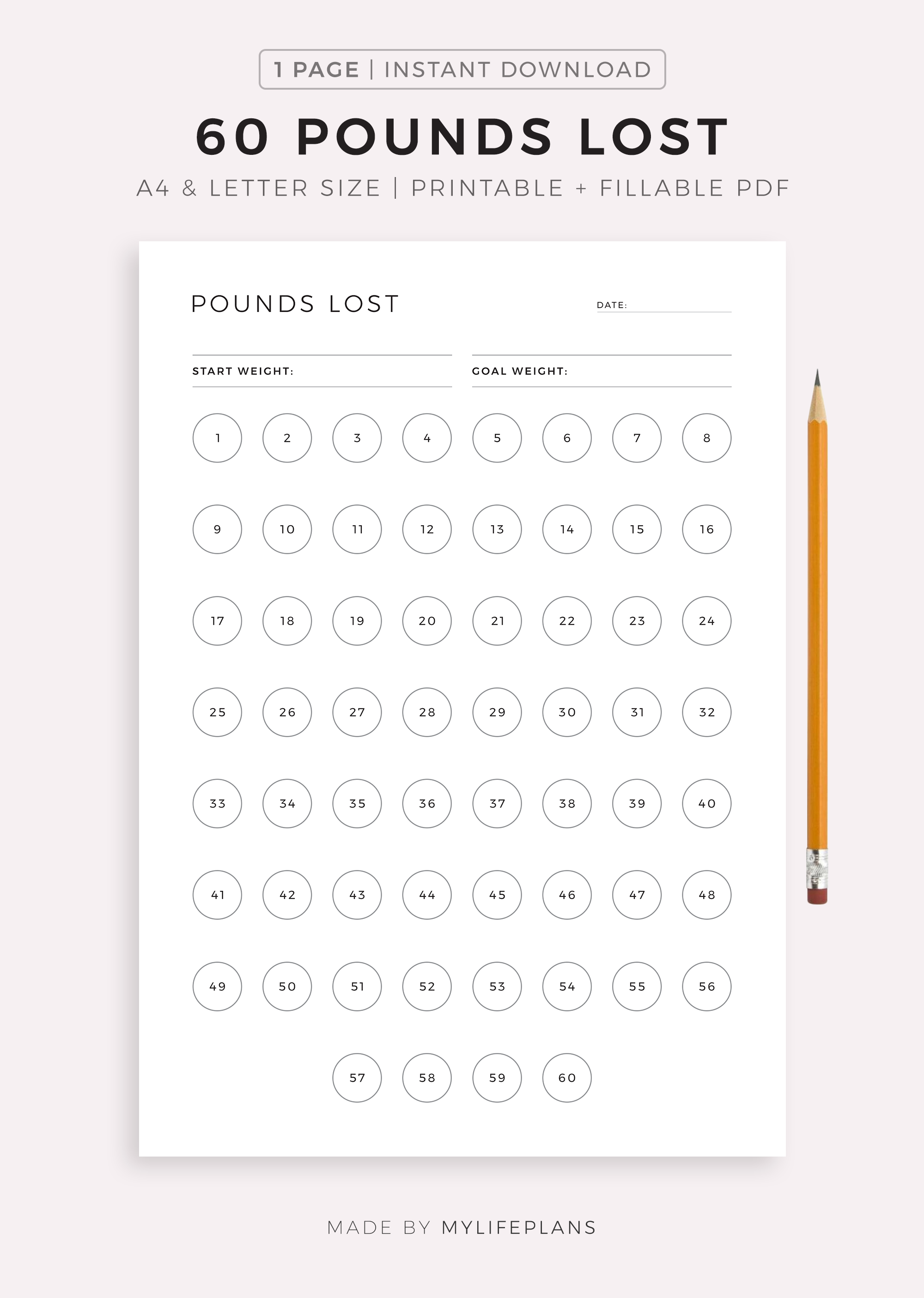 60 Pounds Lost Weight Tracker, Printable & Fillable, A4/Letter Size ...