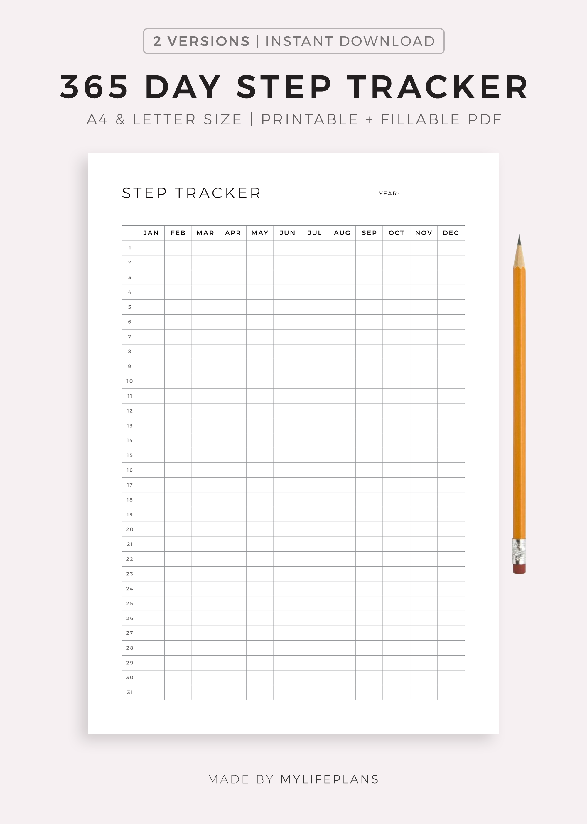 365 Day Step Tracker, Printable & Fillable, A4/Letter Size - Payhip