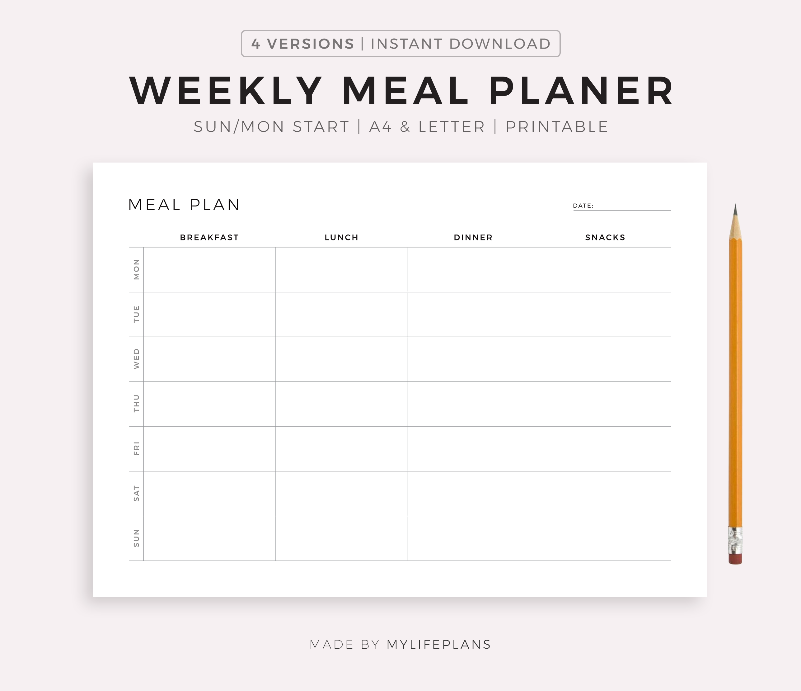 Weekly Meal Planning, Printable & Fillable Template, Landscape, A4 ...