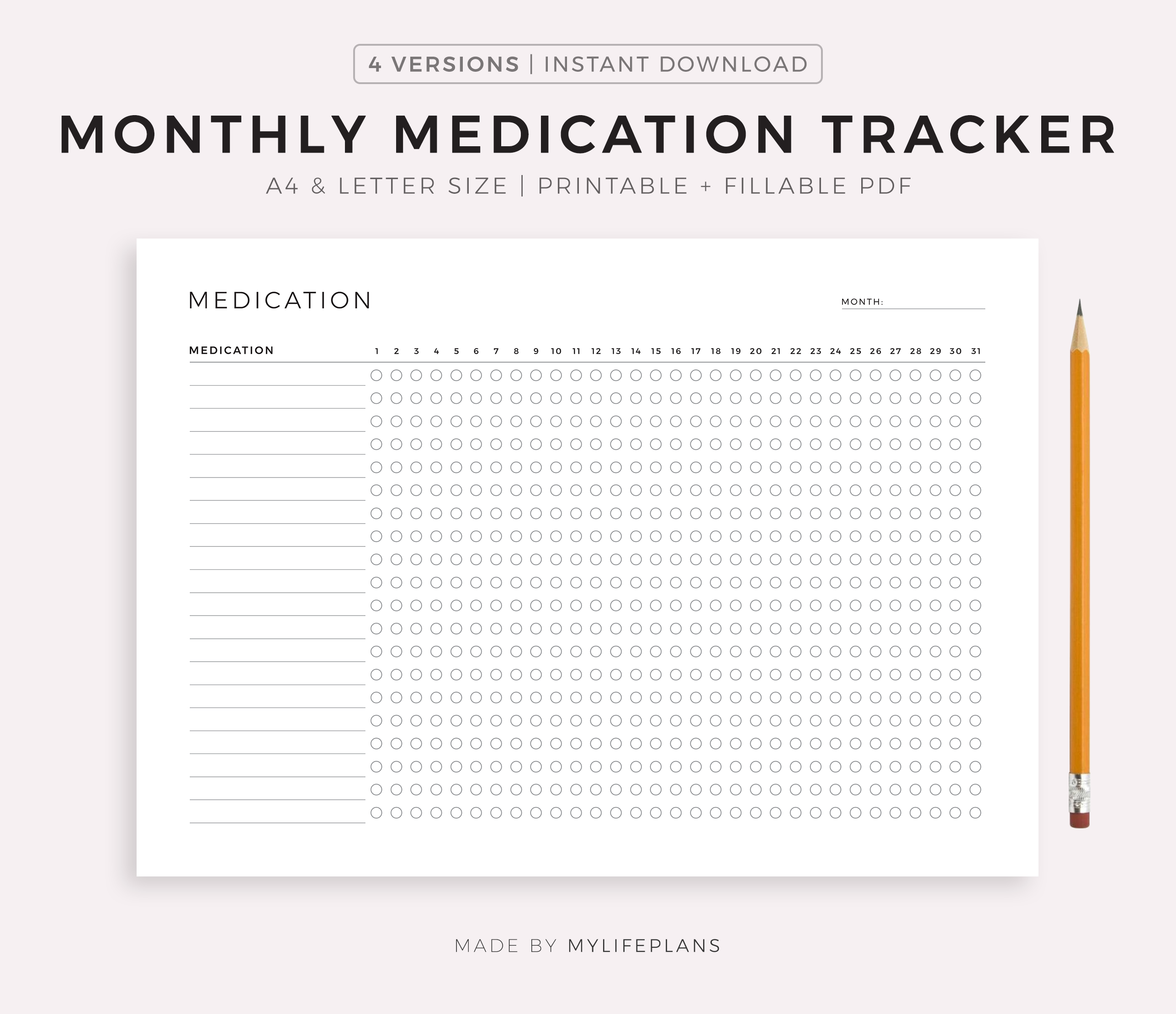 Monthly Medication Tracker, Landscape, Printable & Fillable, A4/Letter ...