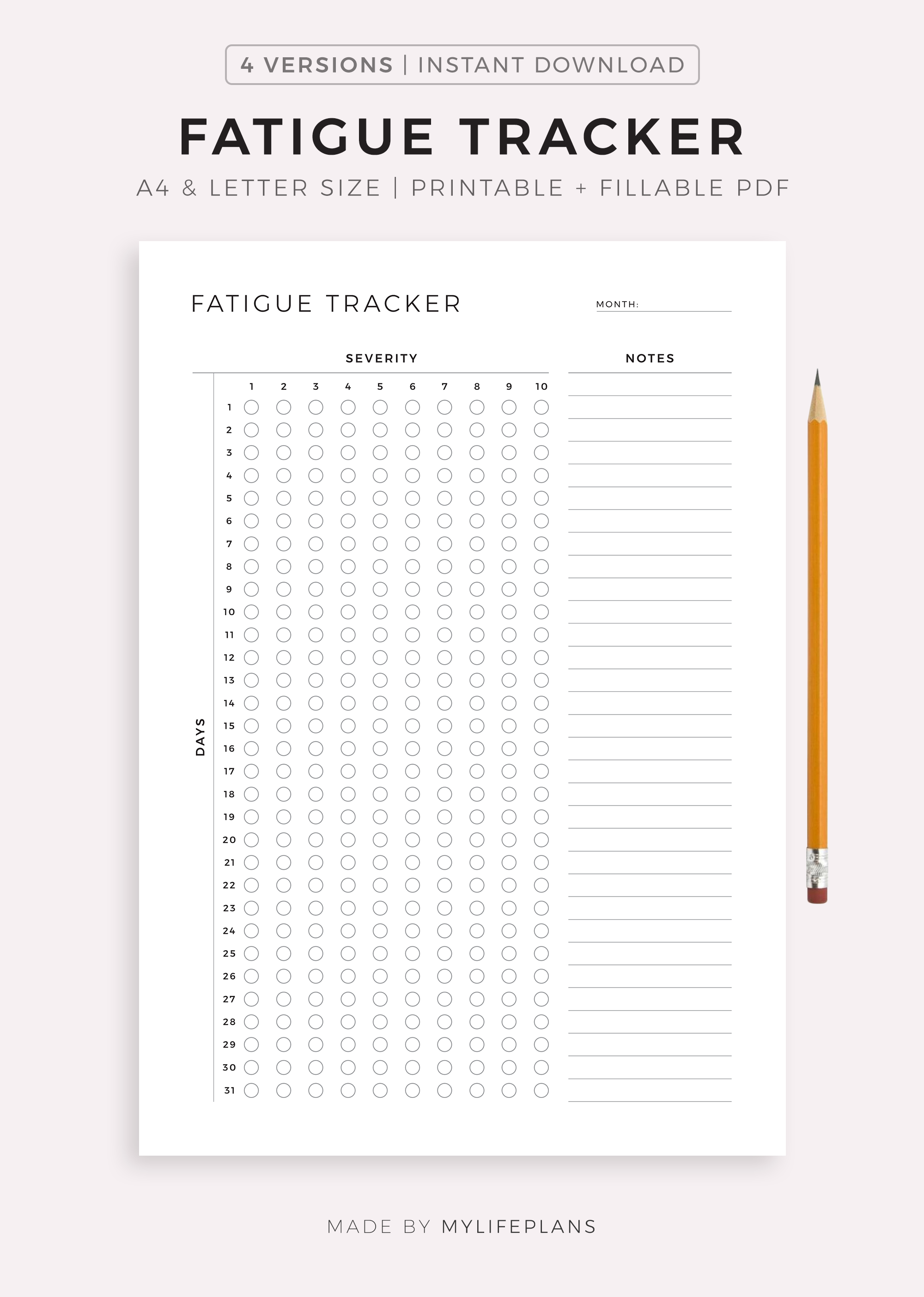 Monthly Fatigue Tracker Printable Template, Track Daily Fatigue ...