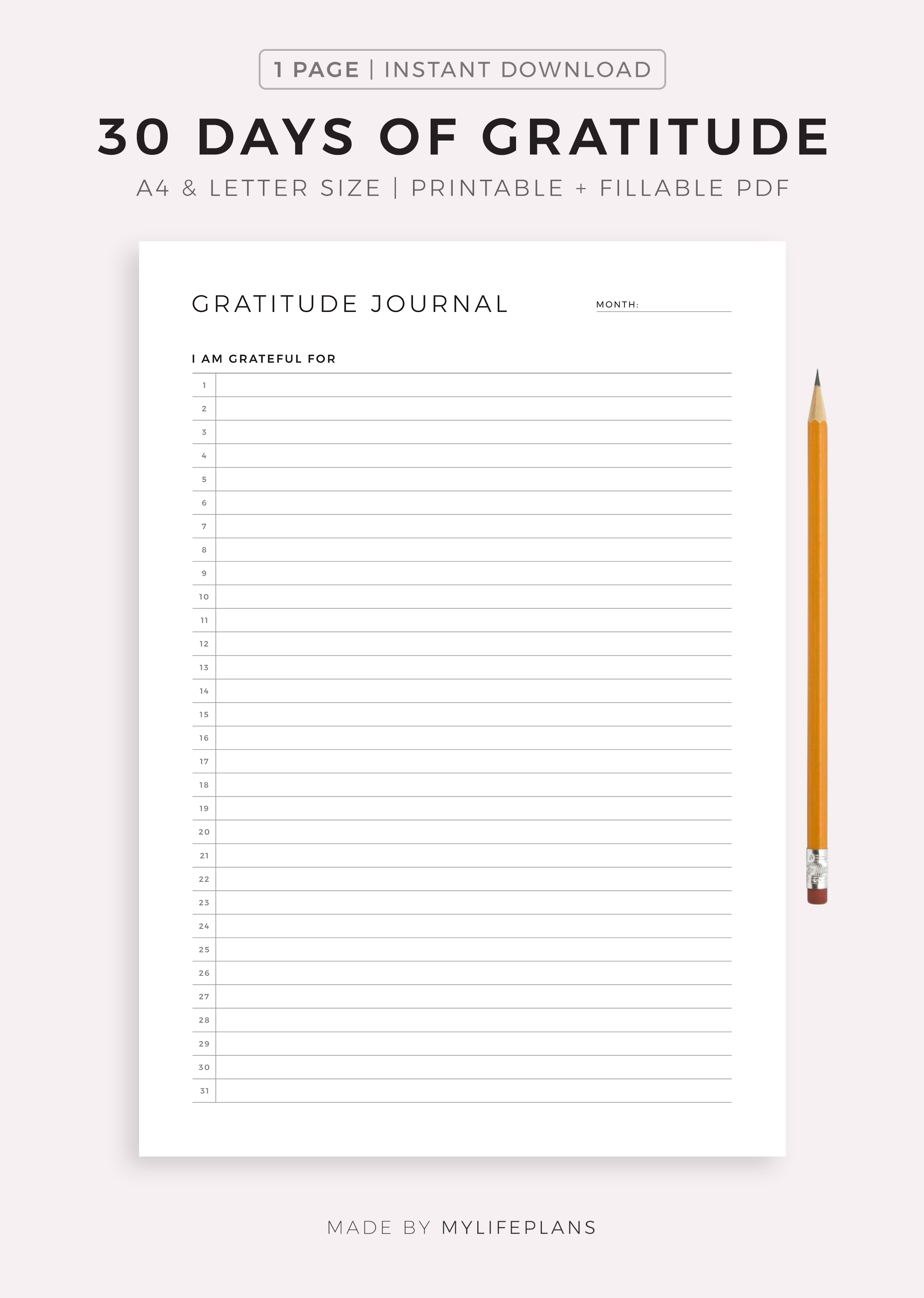 30 Days Of Gratitude Printable Template, Daily Gratitude Journal ...