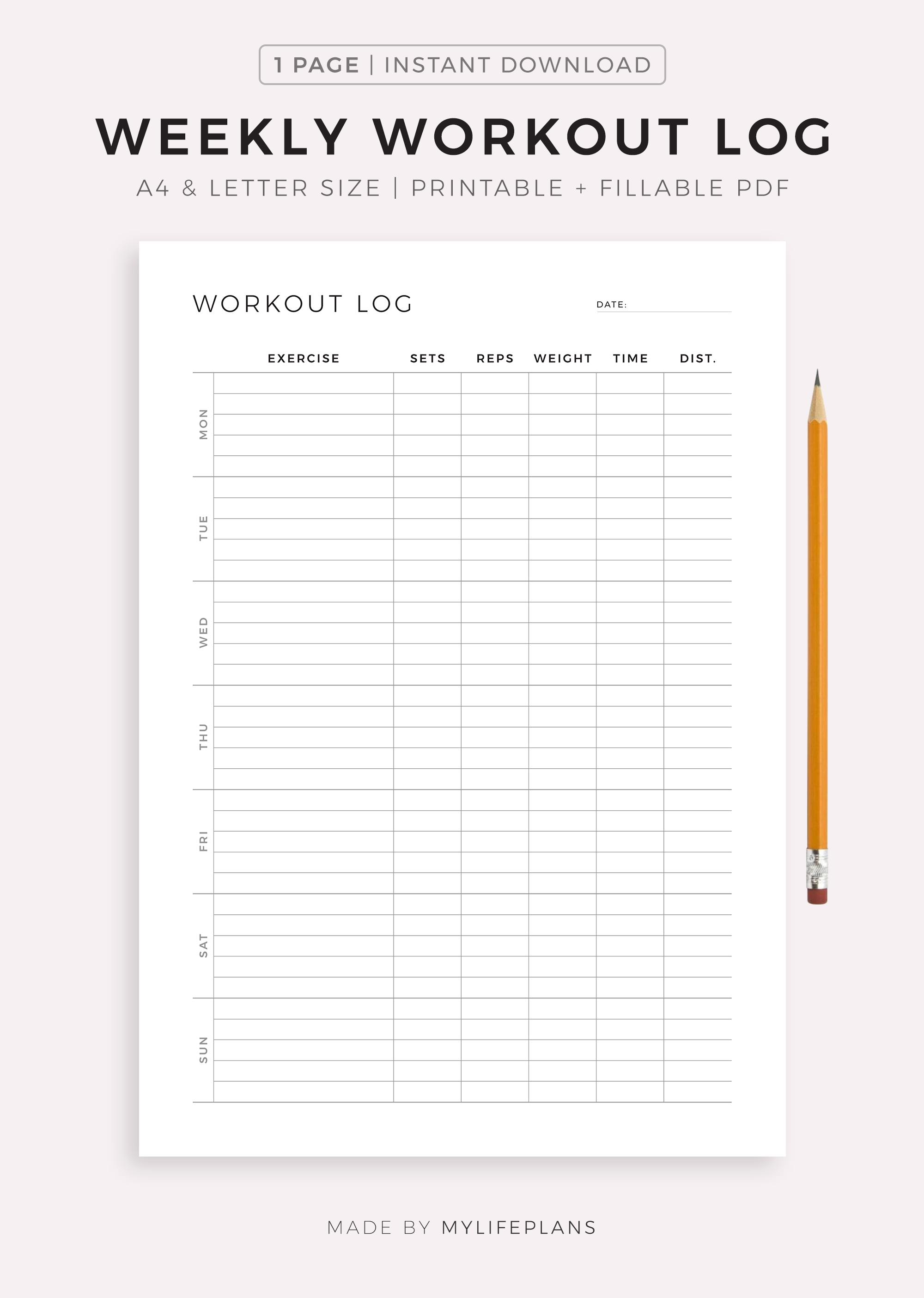 Weekly Workout Log Printable Template, Daily Workout Planner, Exercise ...