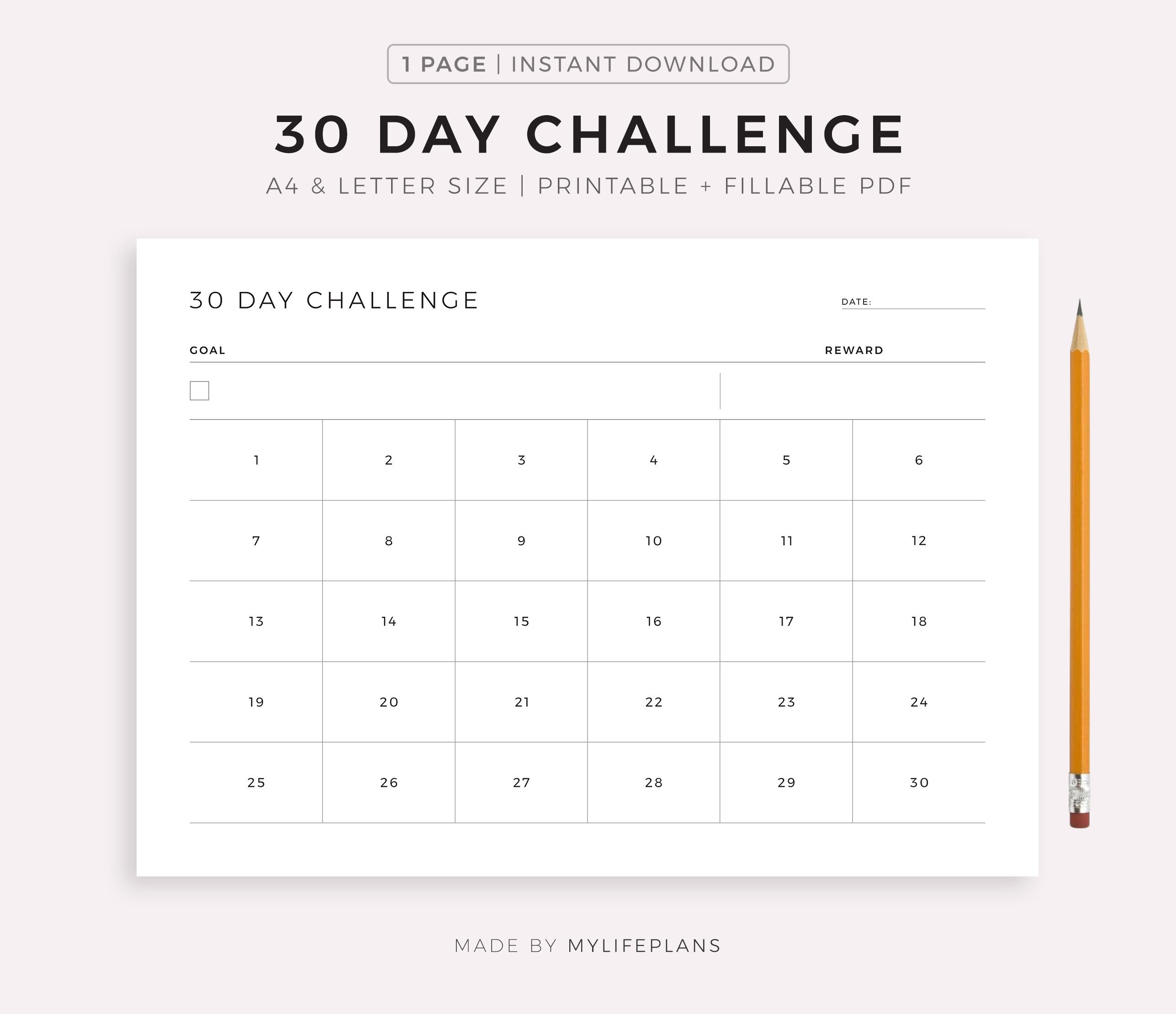 30 Day Challenge Printable Landscape, A4/Letter Size - Payhip